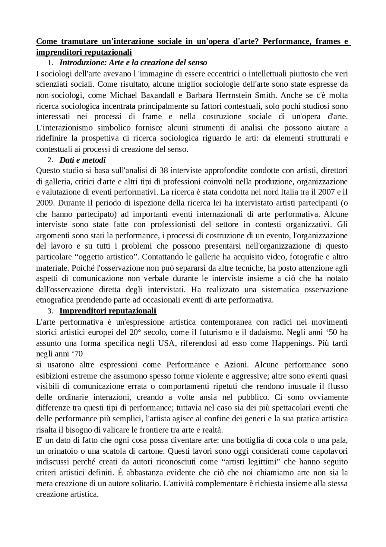 Saggio Performance art | Appunti di Sociologia | Docsity