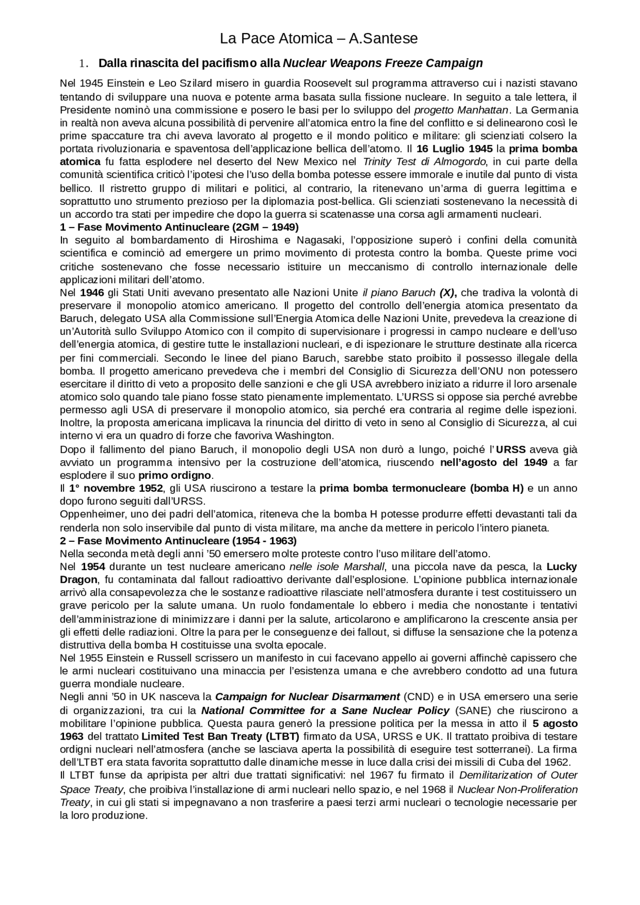 La Pace Atomica A Santese Docsity
