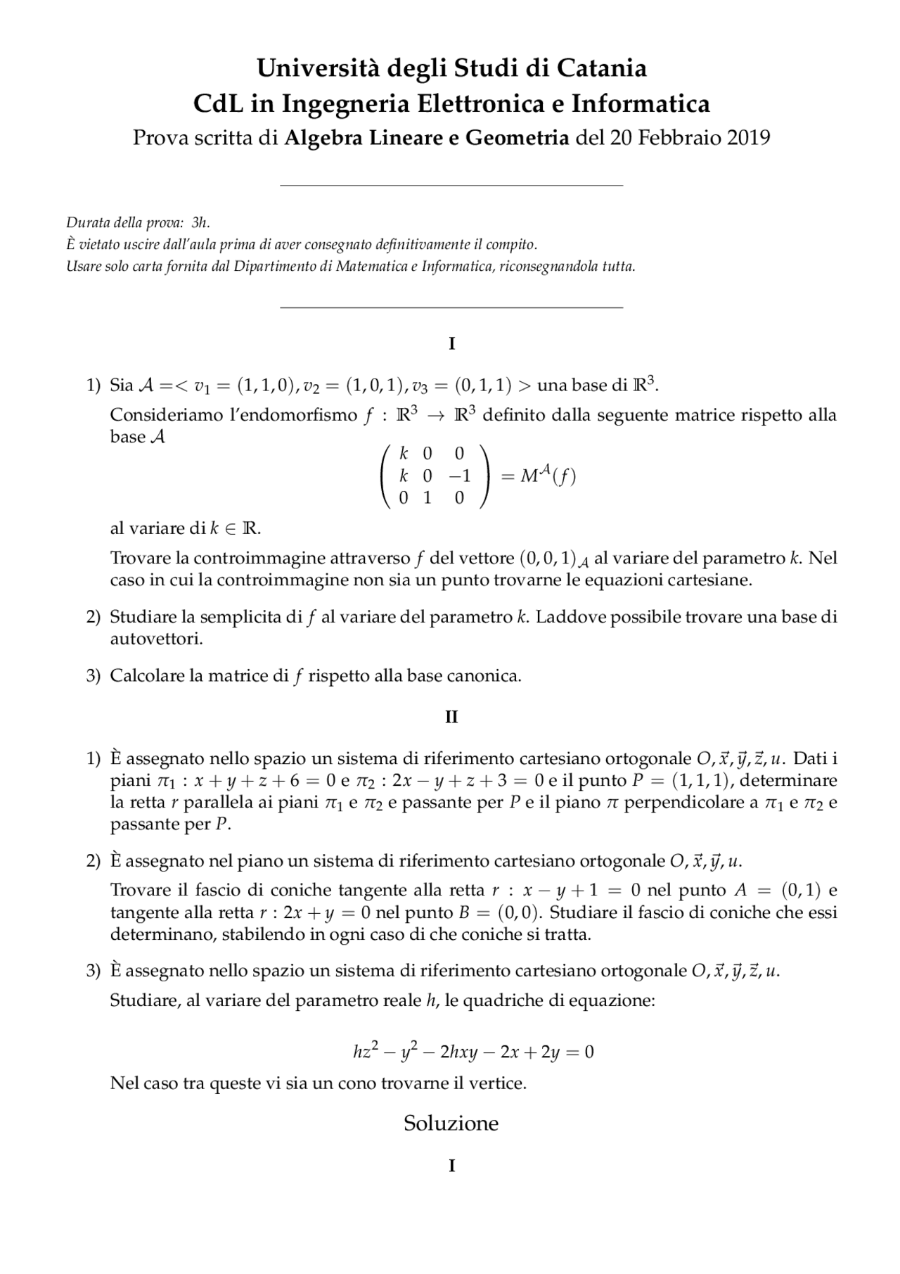 Esame Di Algebra Lineare E Geometria Con Soluzioni Docsity