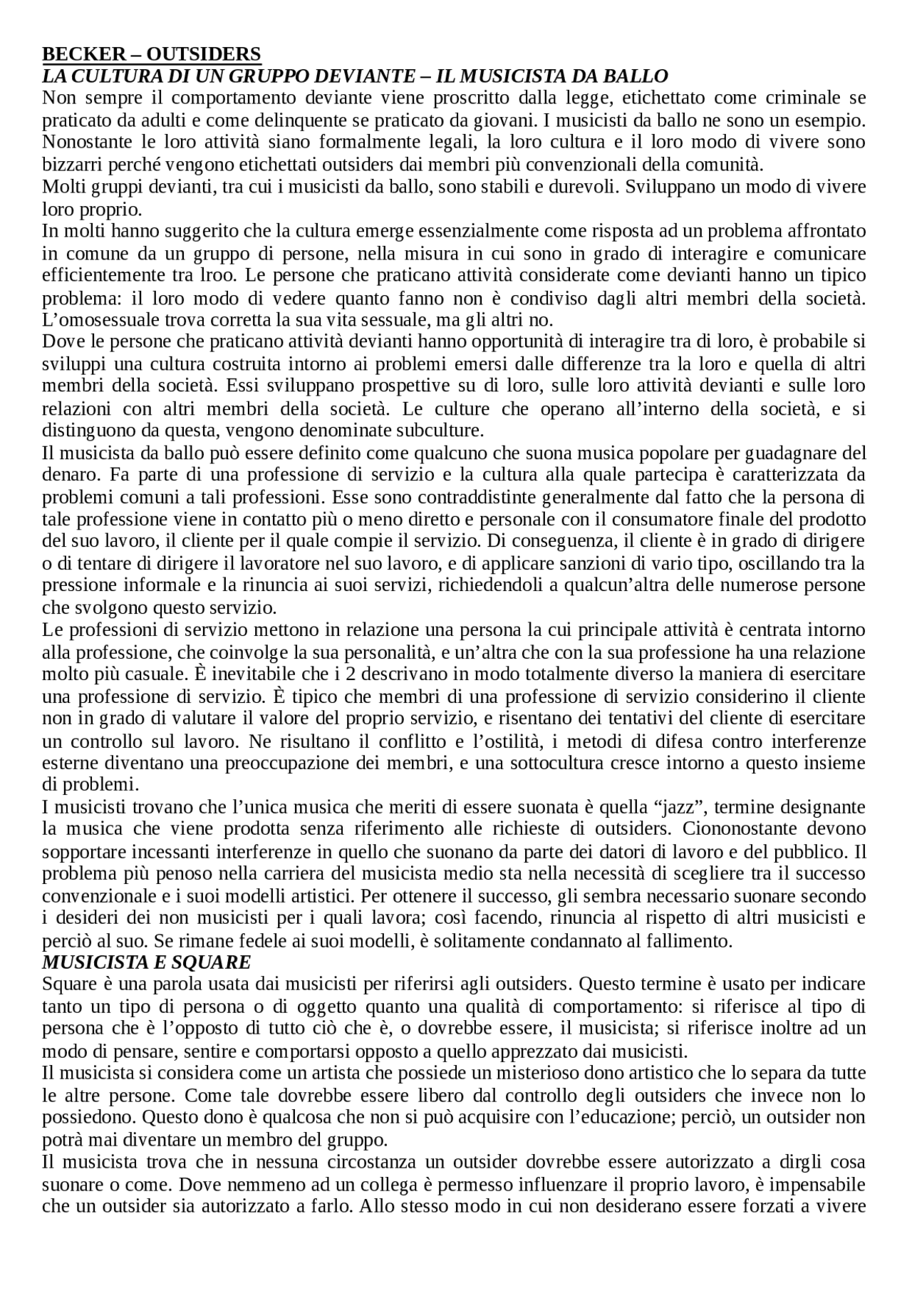 Saggio Becker Outsiders Appunti Di Sociologia Docsity