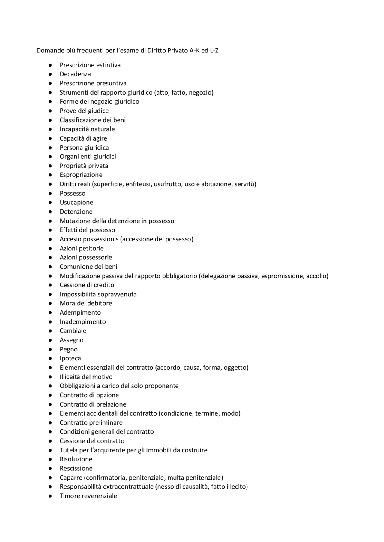 Domande Frequenti Di Diritto Privato Prove Desame Di Diritto Privato
