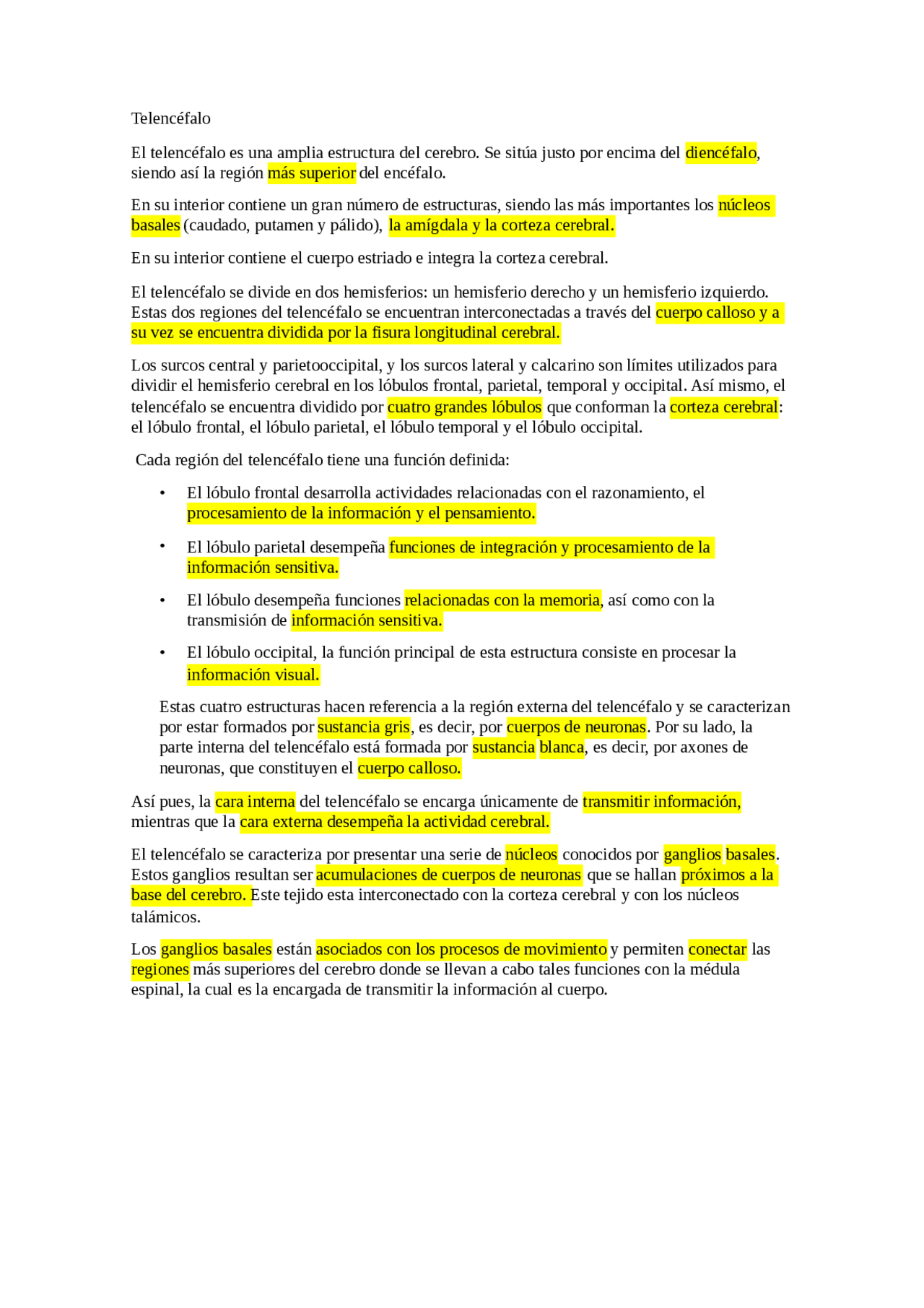 Generalidades De Telencéfalo Apuntes De Anatomía Docsity