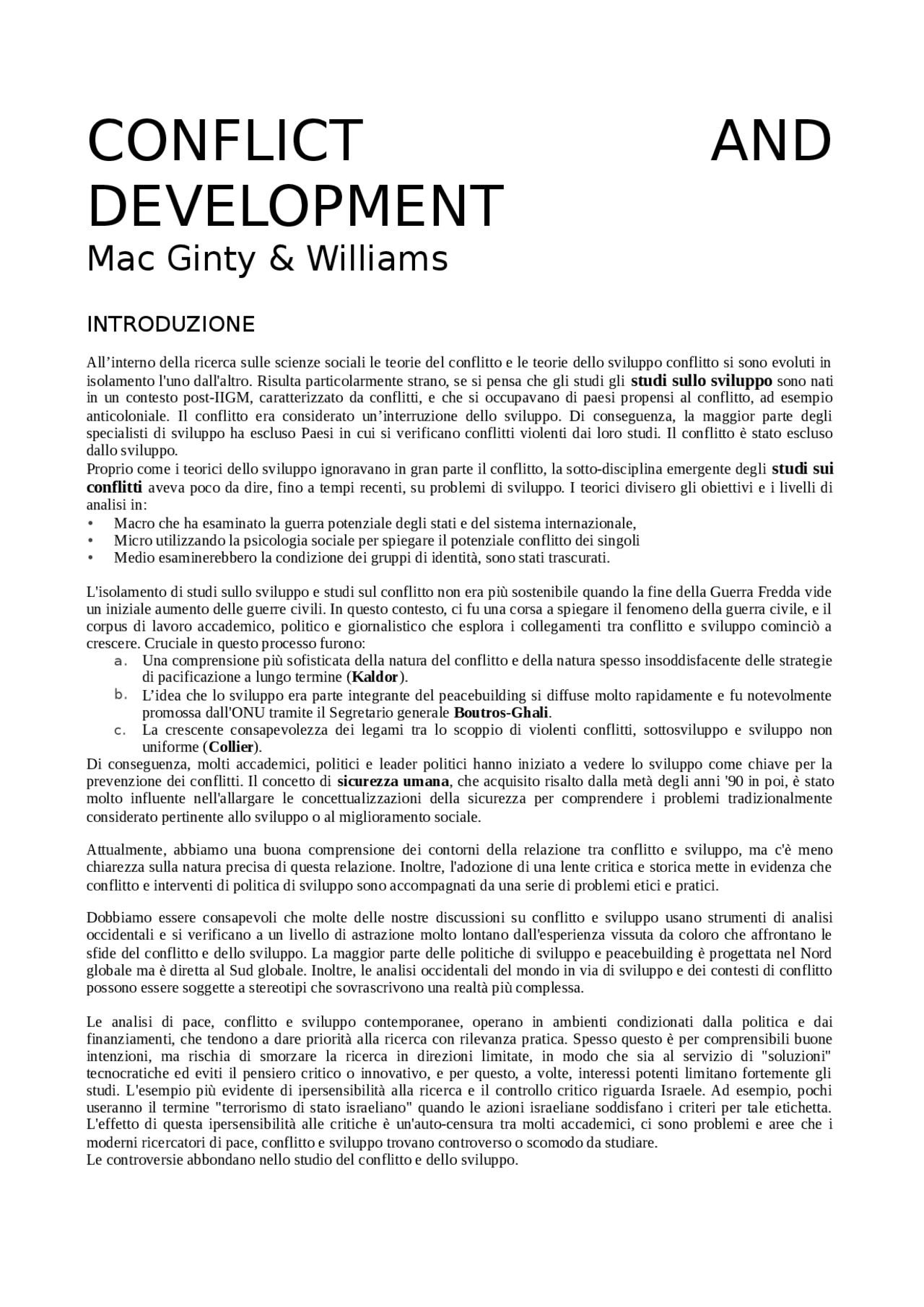 Conflict and development | Appunti di Scienze Sociali | Docsity