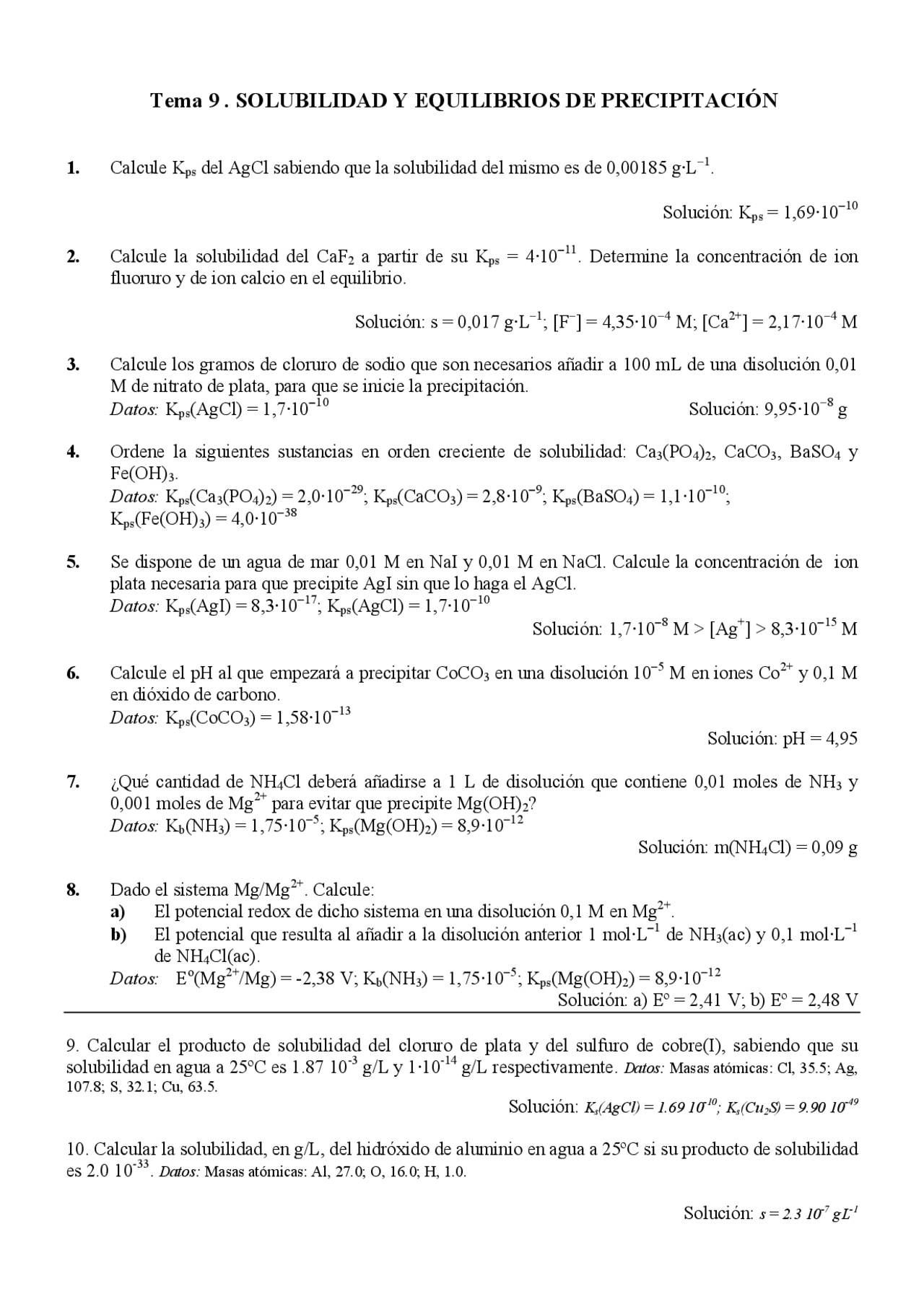 Ejercicios de solubilidad y equilibrios de precipitación. | Ejercicios de Química | Docsity