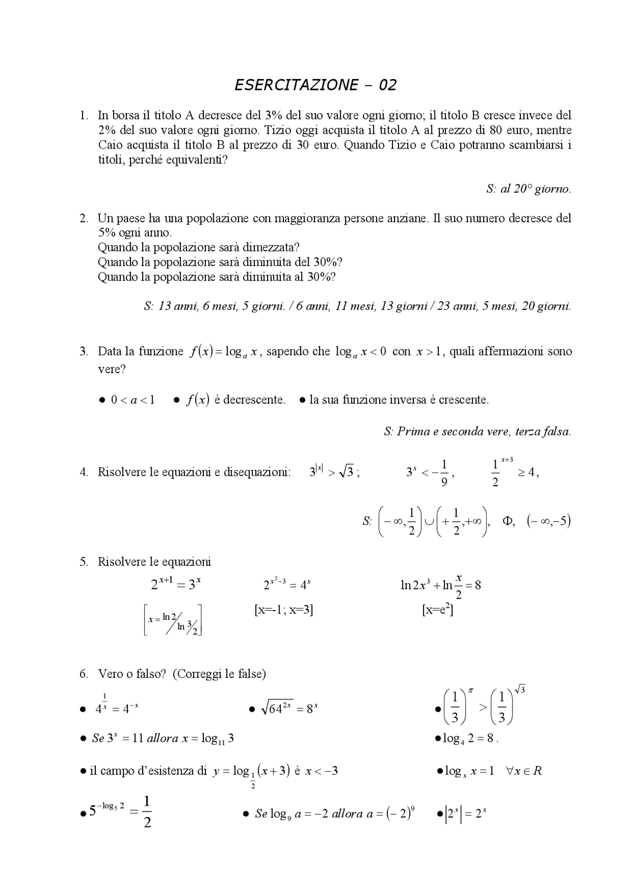 Esercizi Primo Anno | Esercizi di Matematica Generale - Docsity