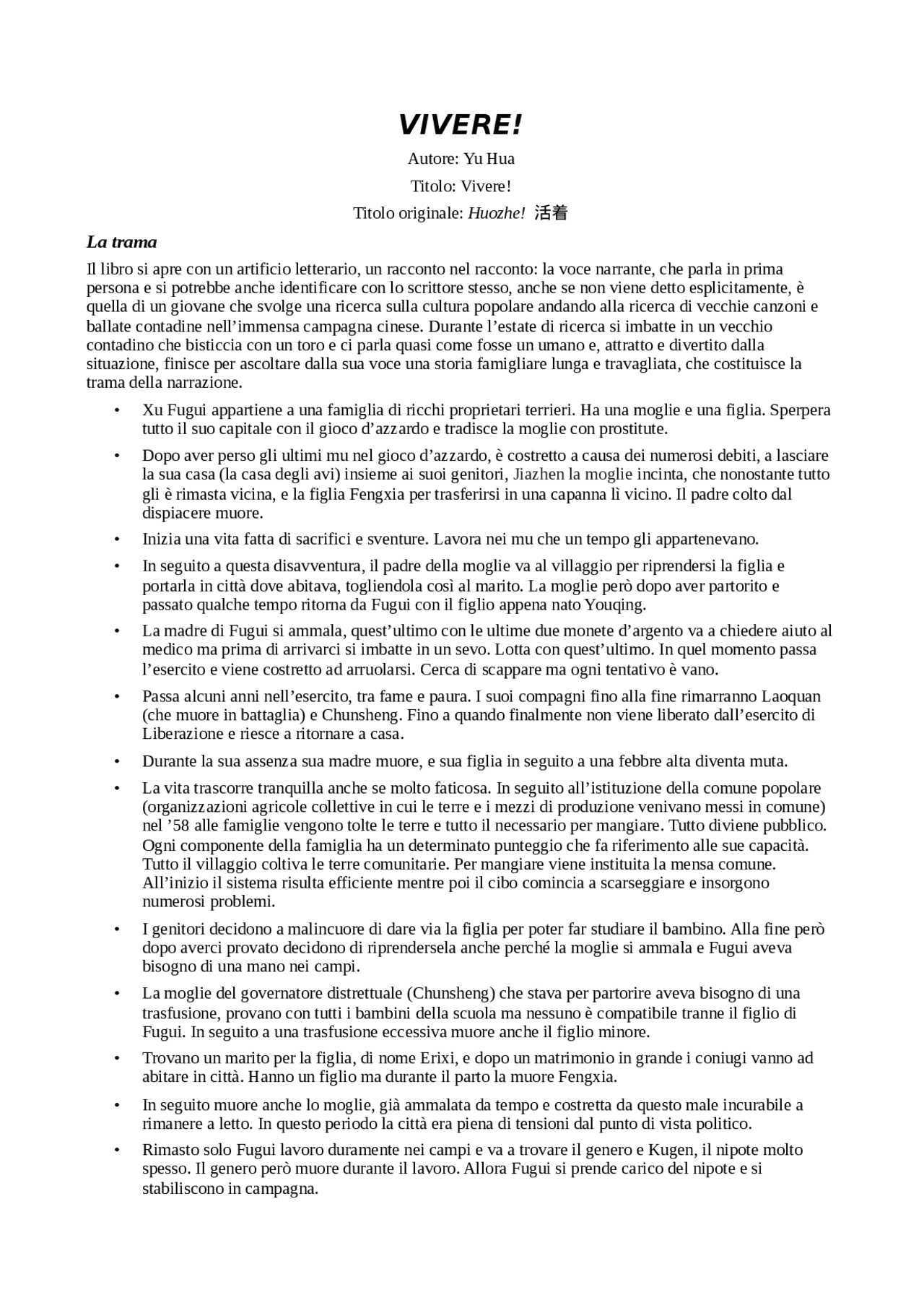 Riassunto Vivere Yu Hua Sintesi Del Corso Di Storia Cinese Docsity