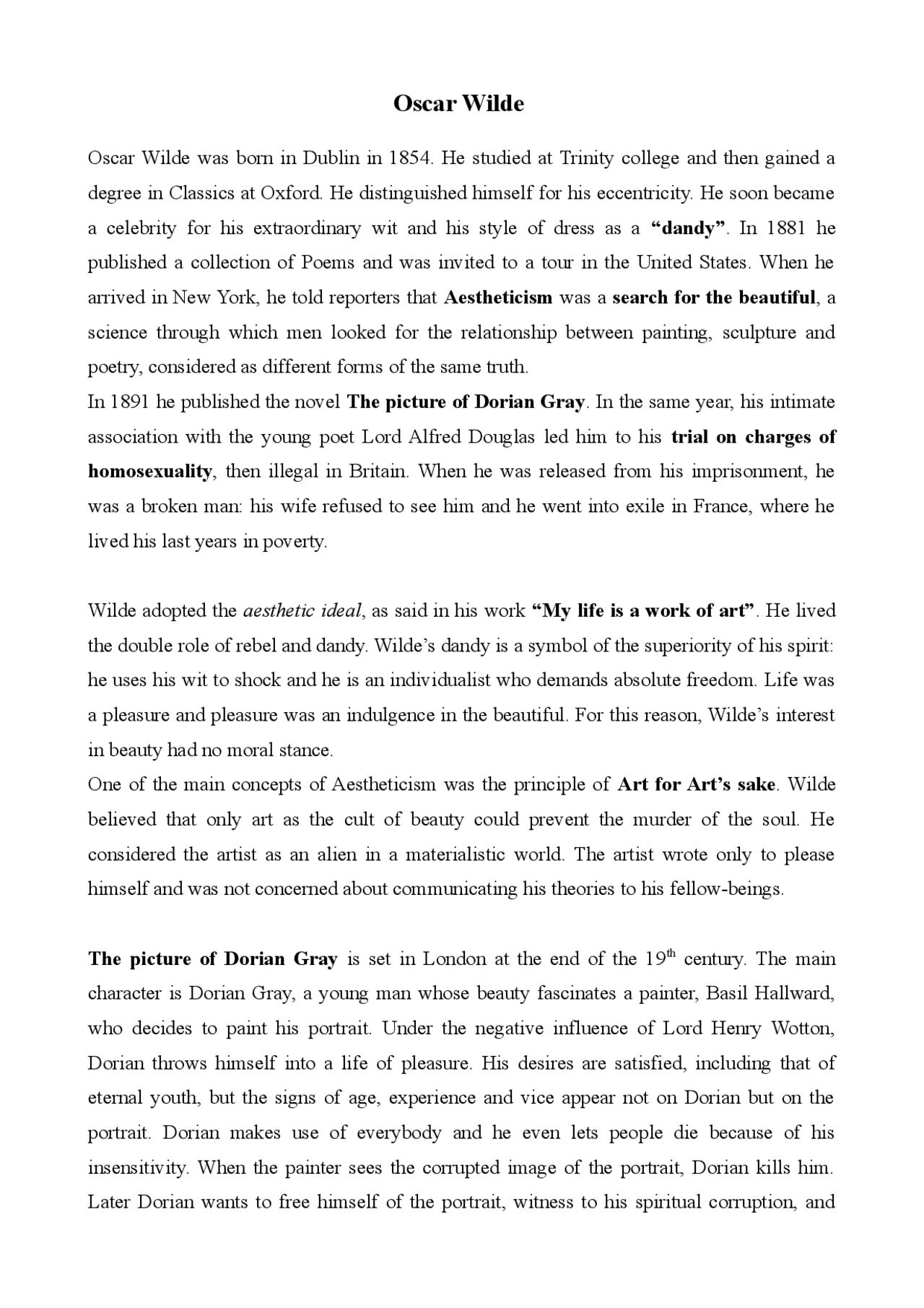 Oscar Wilde: Poetica e opere - Docsity