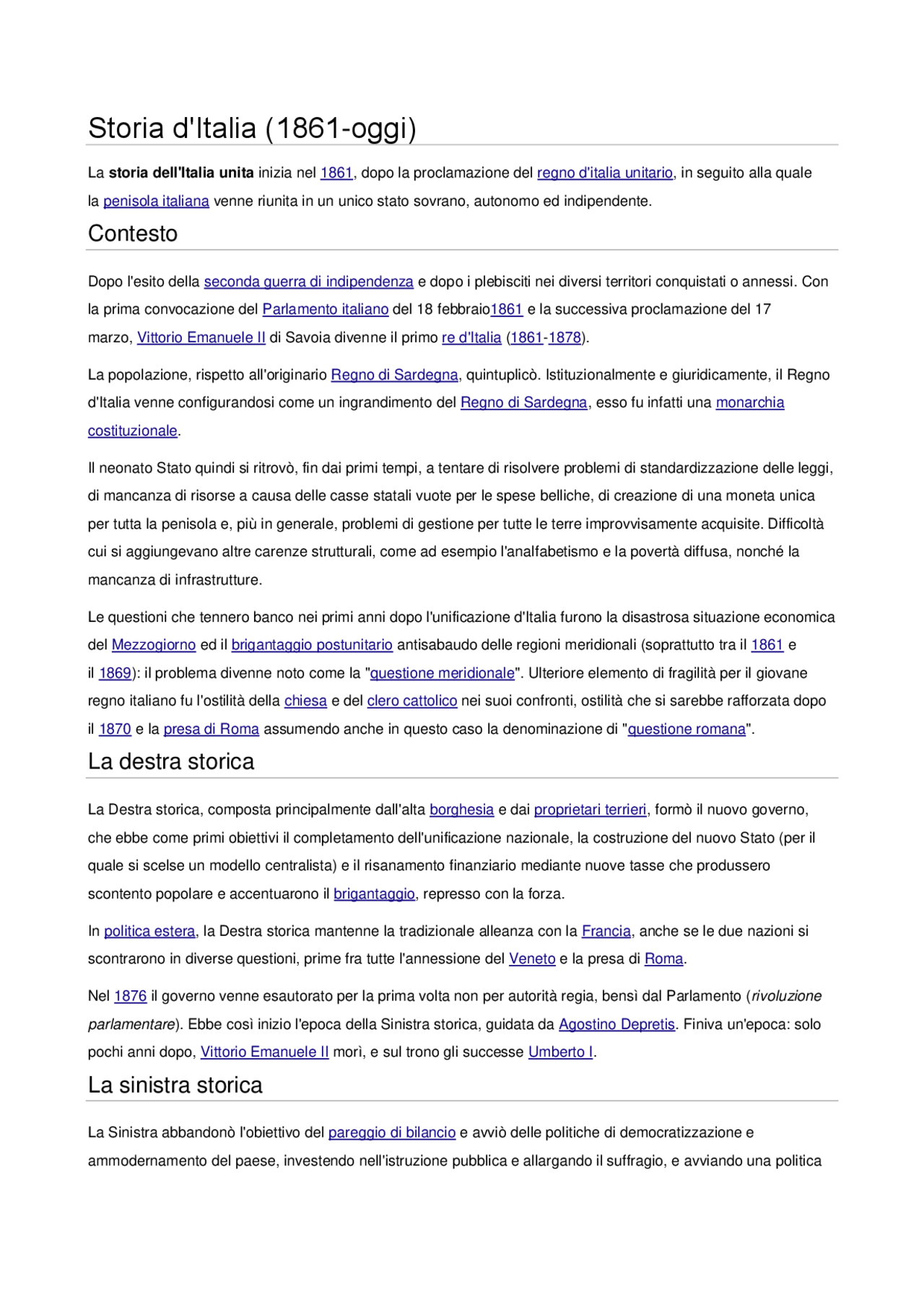 Storia dall'unità di Italia ad oggi - Docsity