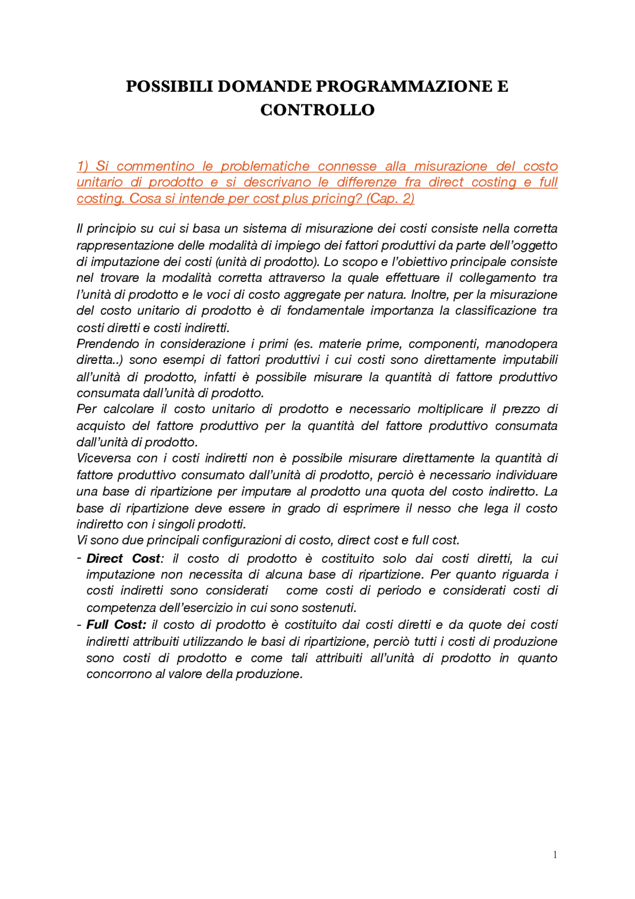 Domande Desame Di Programmazione E Controllo Appunti Di
