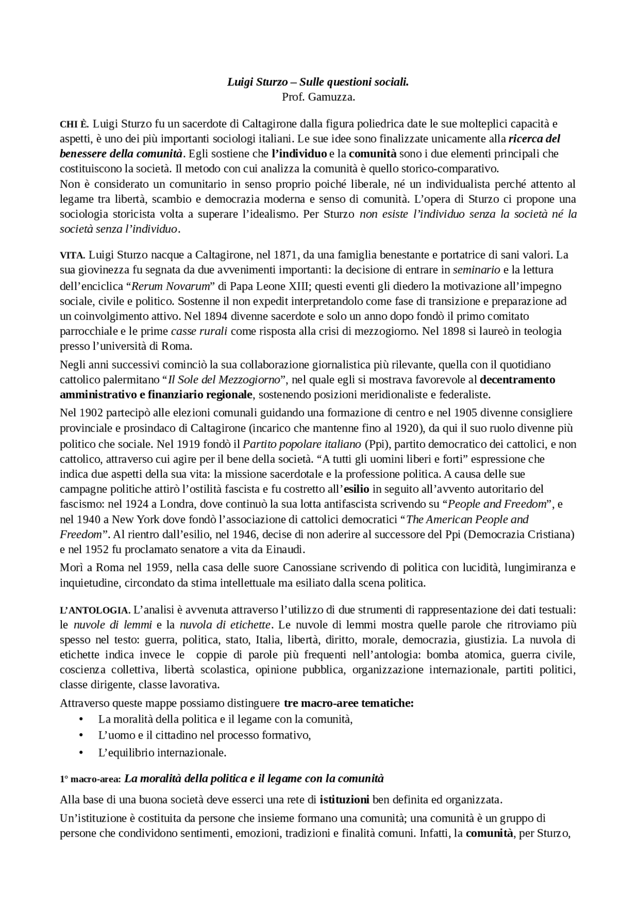 Sulle Questioni Sociali Luigi Sturzo Docsity