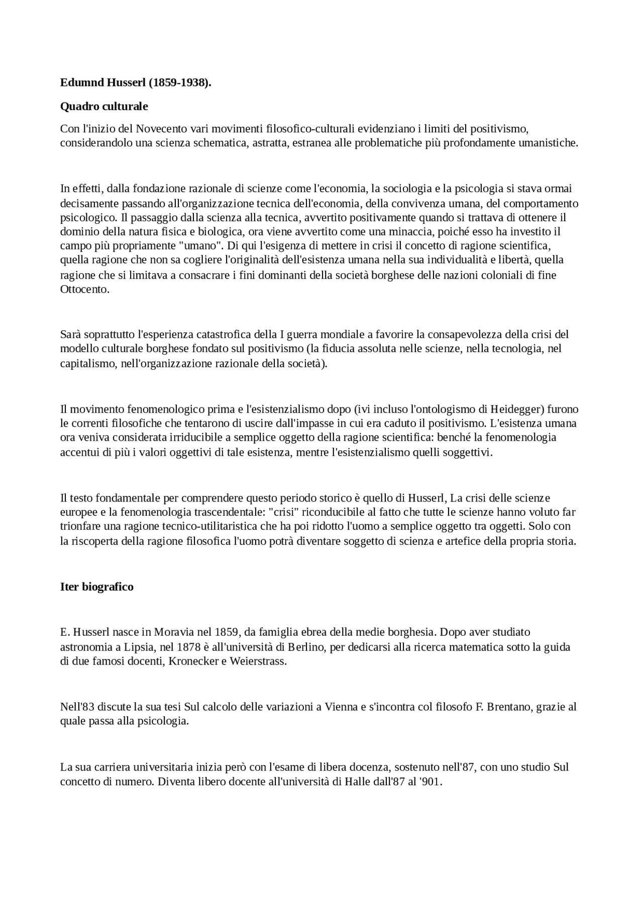 Vita Del Filosofo Husserl Docsity