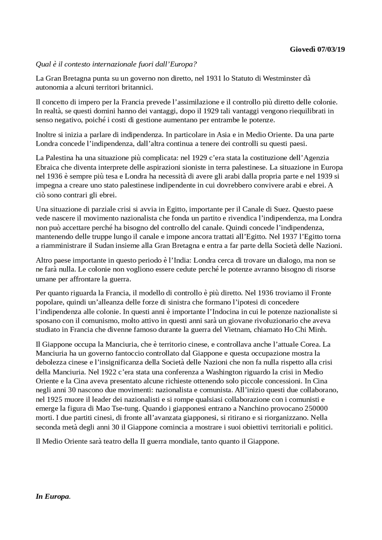 Storia Internazionale Dal 1919 Ad Oggi Varsori Docsity