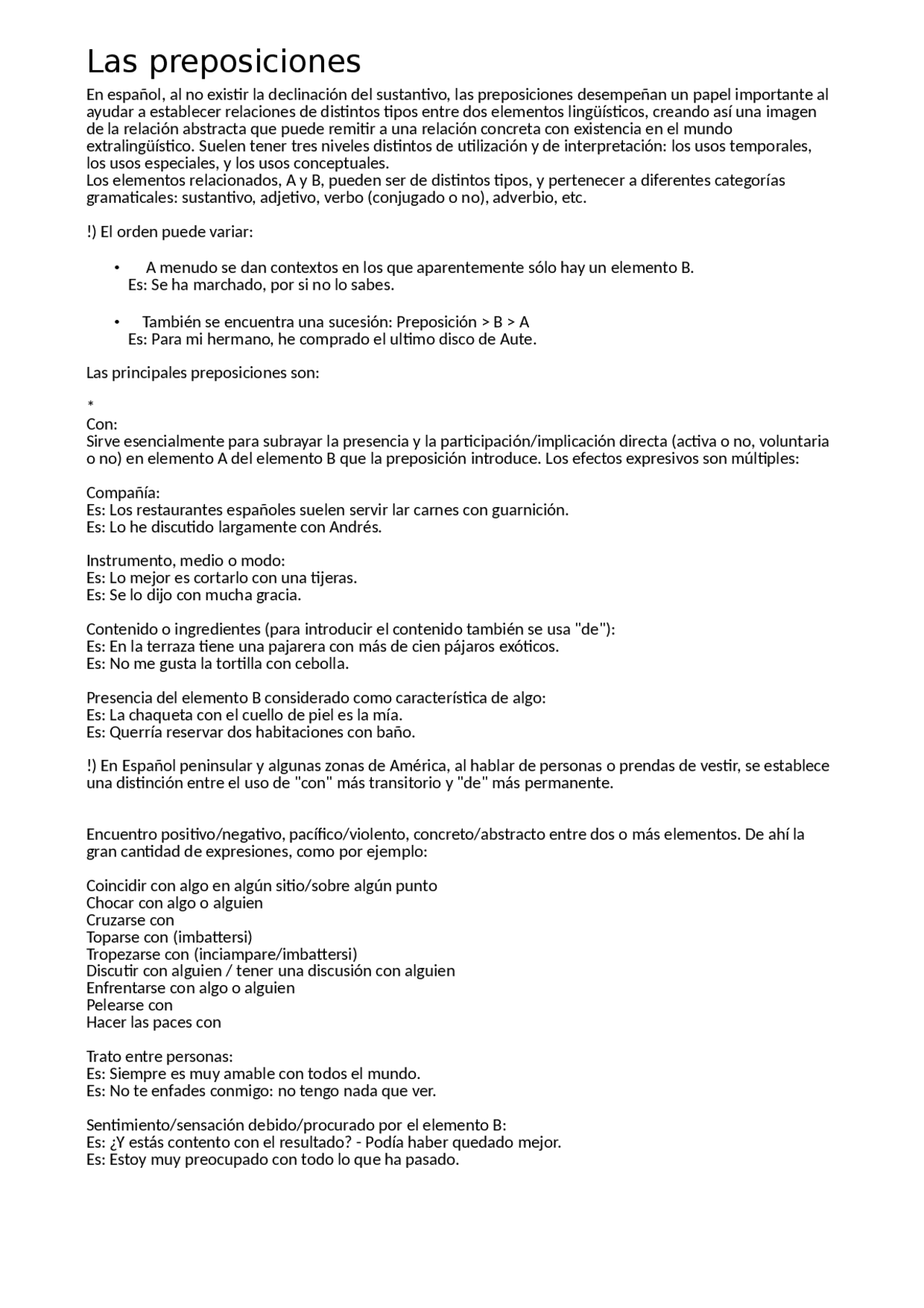 Las preposiciones de lingua española - Docsity