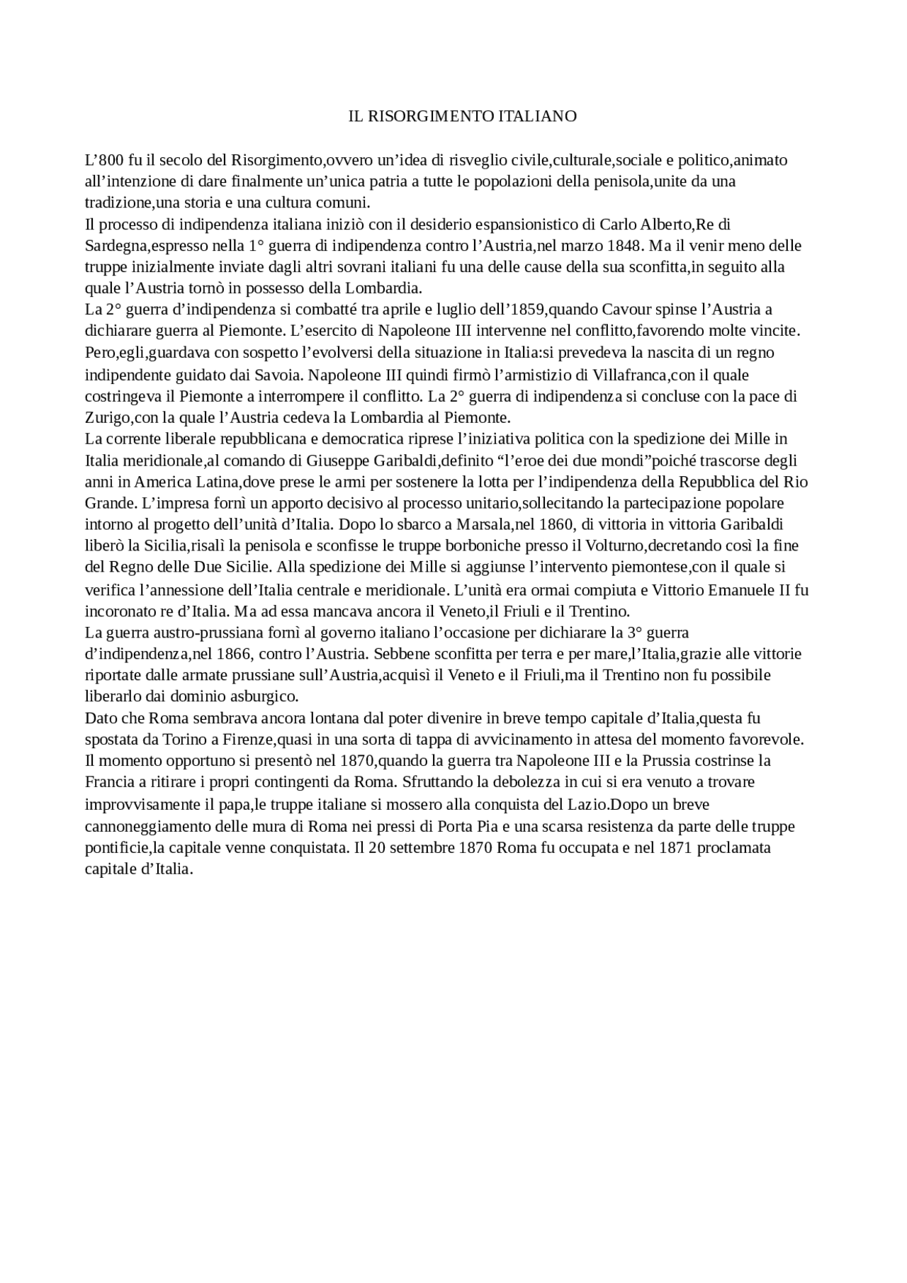 Riassunto di storia del Risorgimento Italiano - Docsity