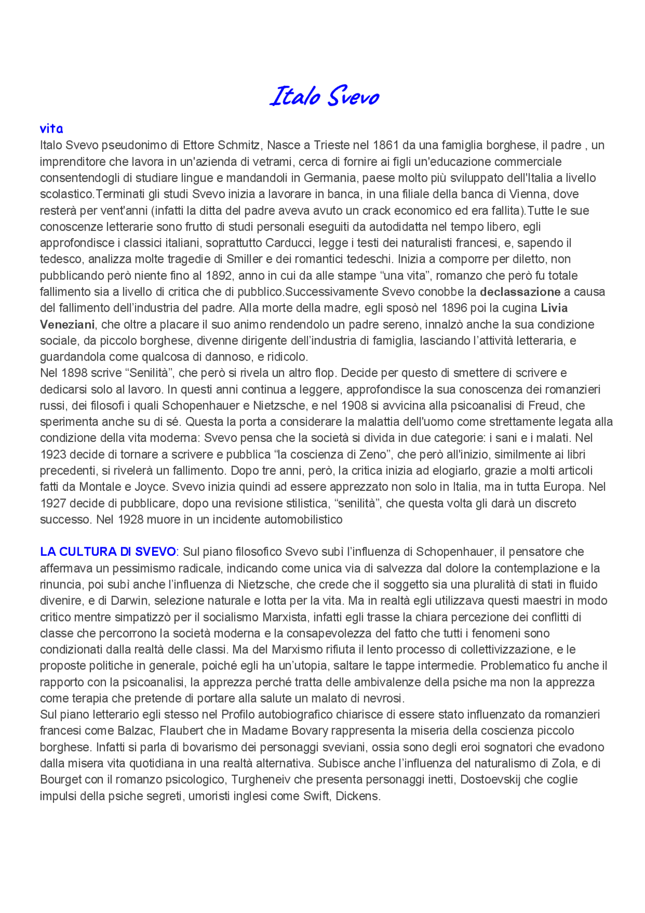 Vita, opere, poetica Italo Svevo - Docsity