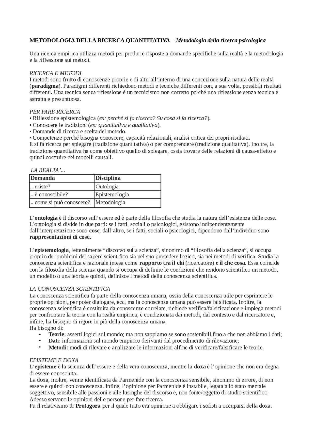 METODOLOGIA DELLA RICERCA QUANTITATIVA – Metodologia della ricerca psicologica - Docsity