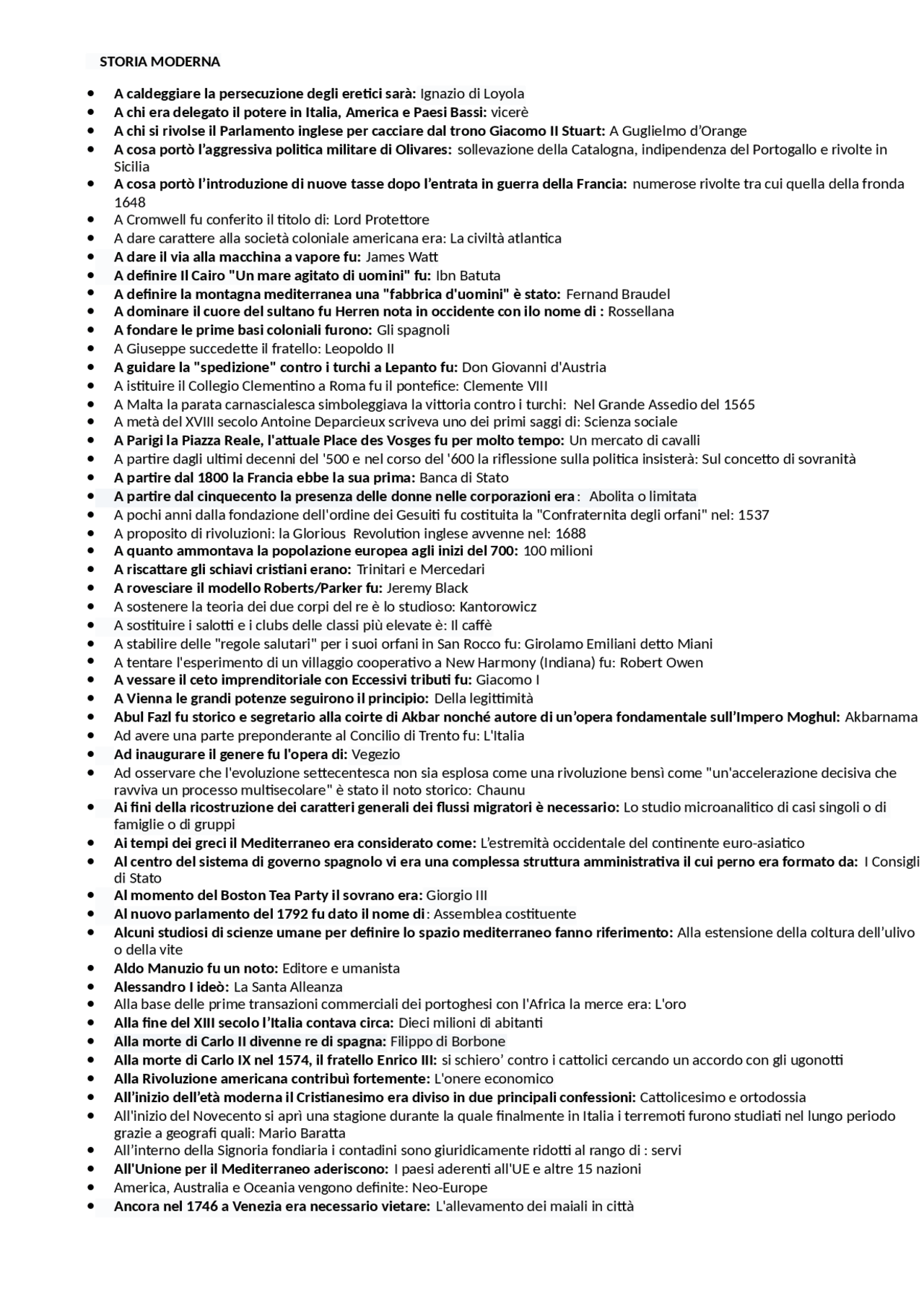 Storia Moderna Test In Ordine Alfabetico Docsity