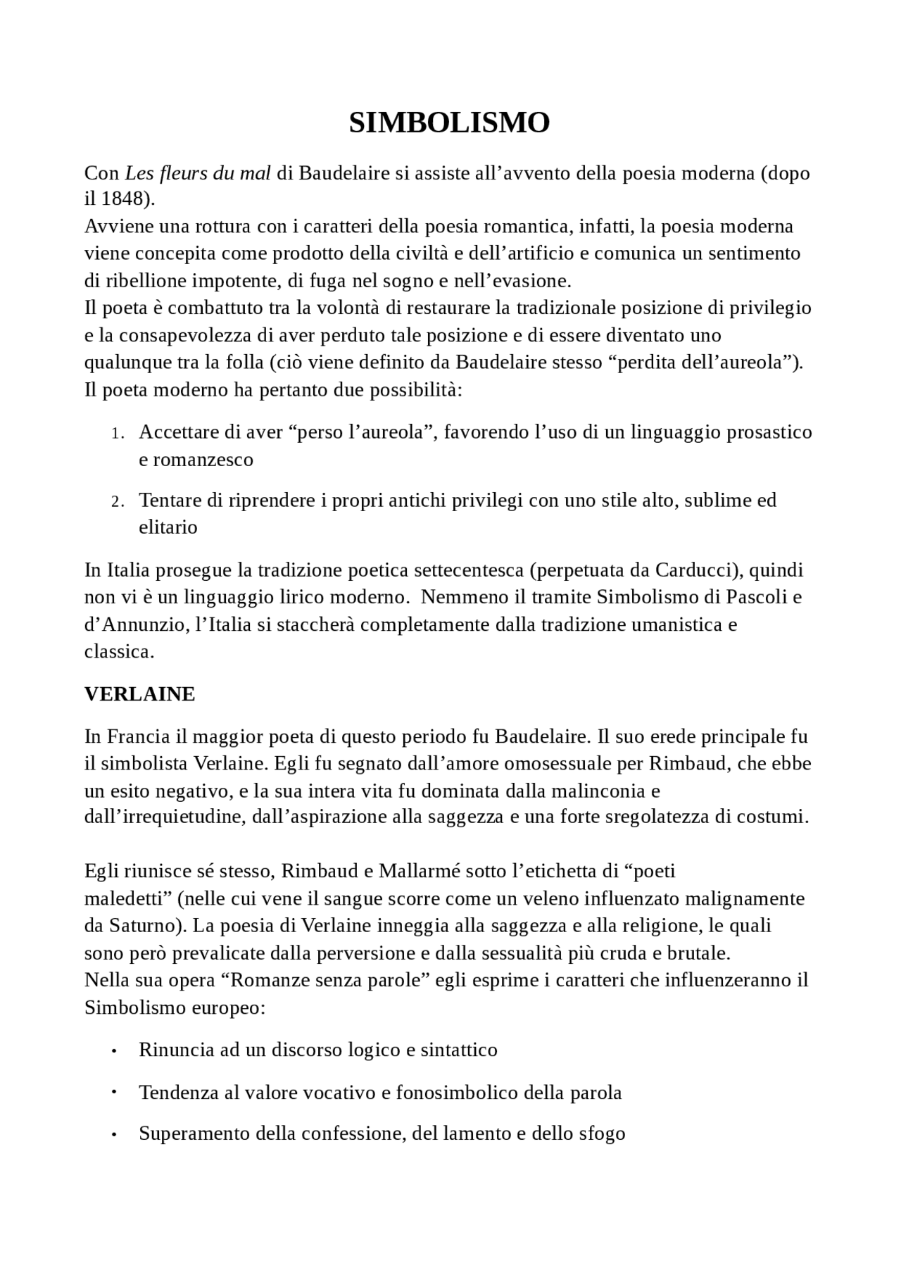 Simbolismo Baudelaire Verlaine Docsity