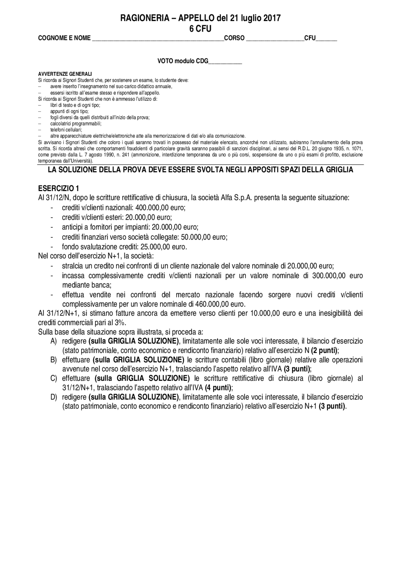 Prove Desame Ragioneria 2 Corso B Docsity