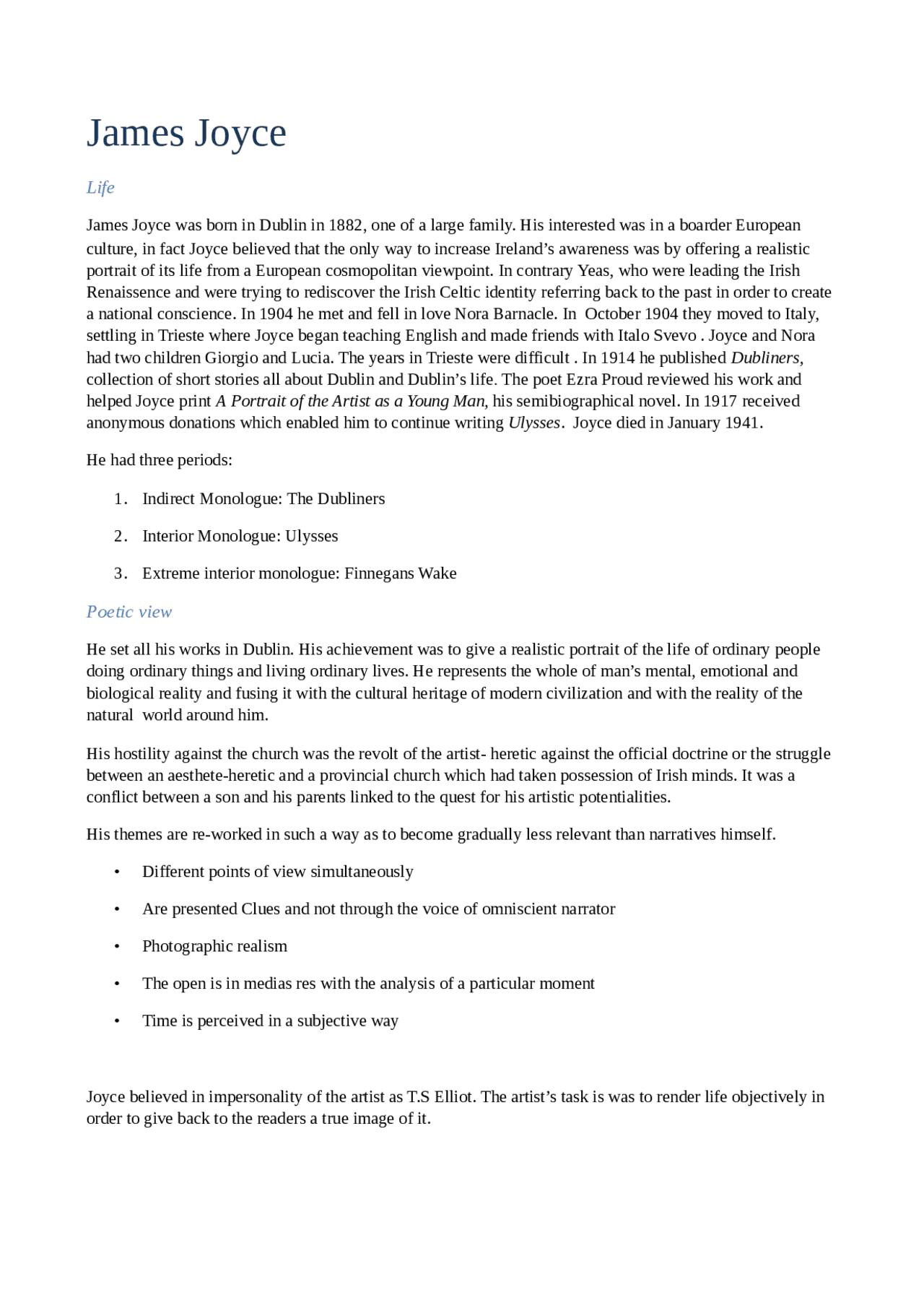 James Joyce his life, poetic view and works - Docsity