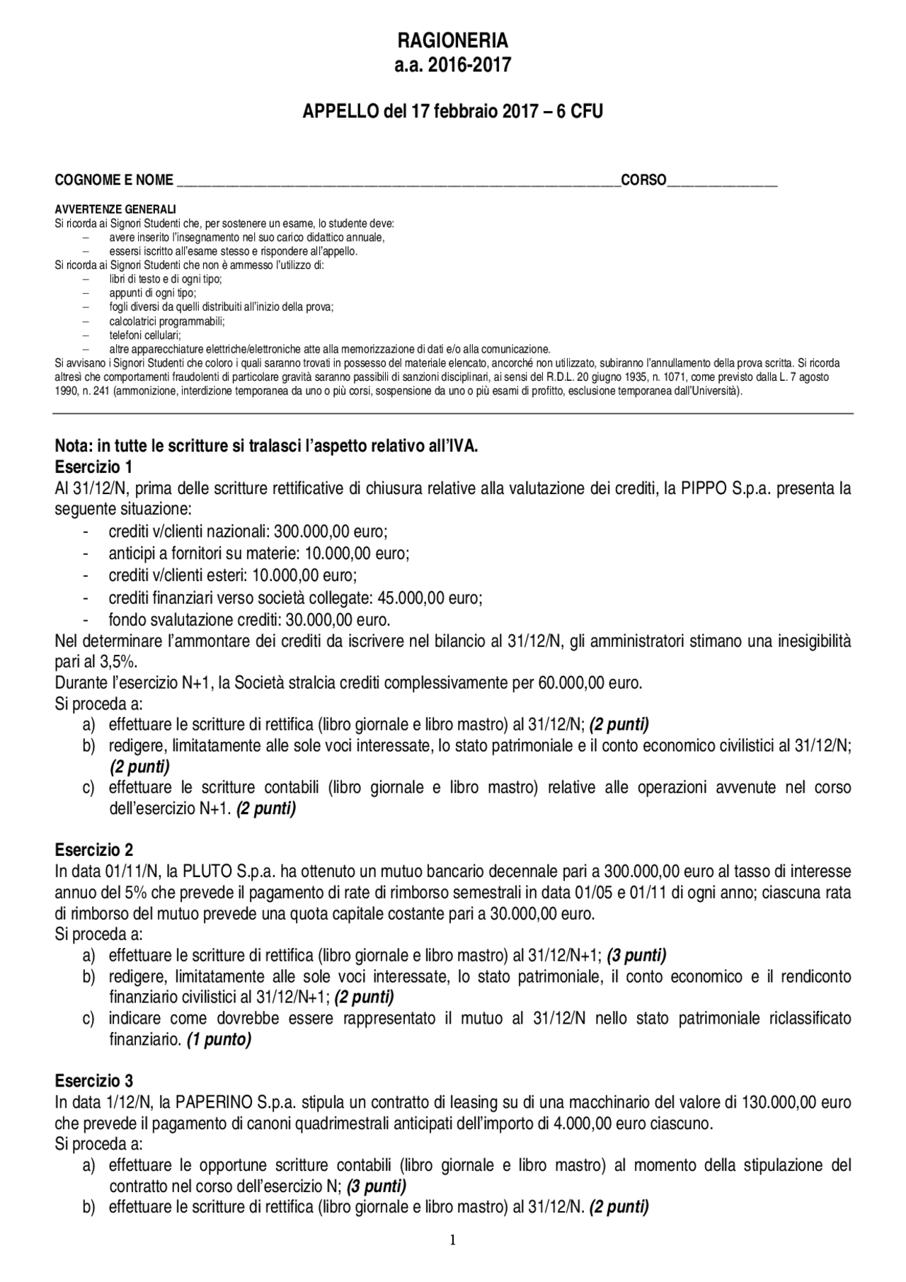 Prove Desame Ragioneria 2 Corso B Docsity