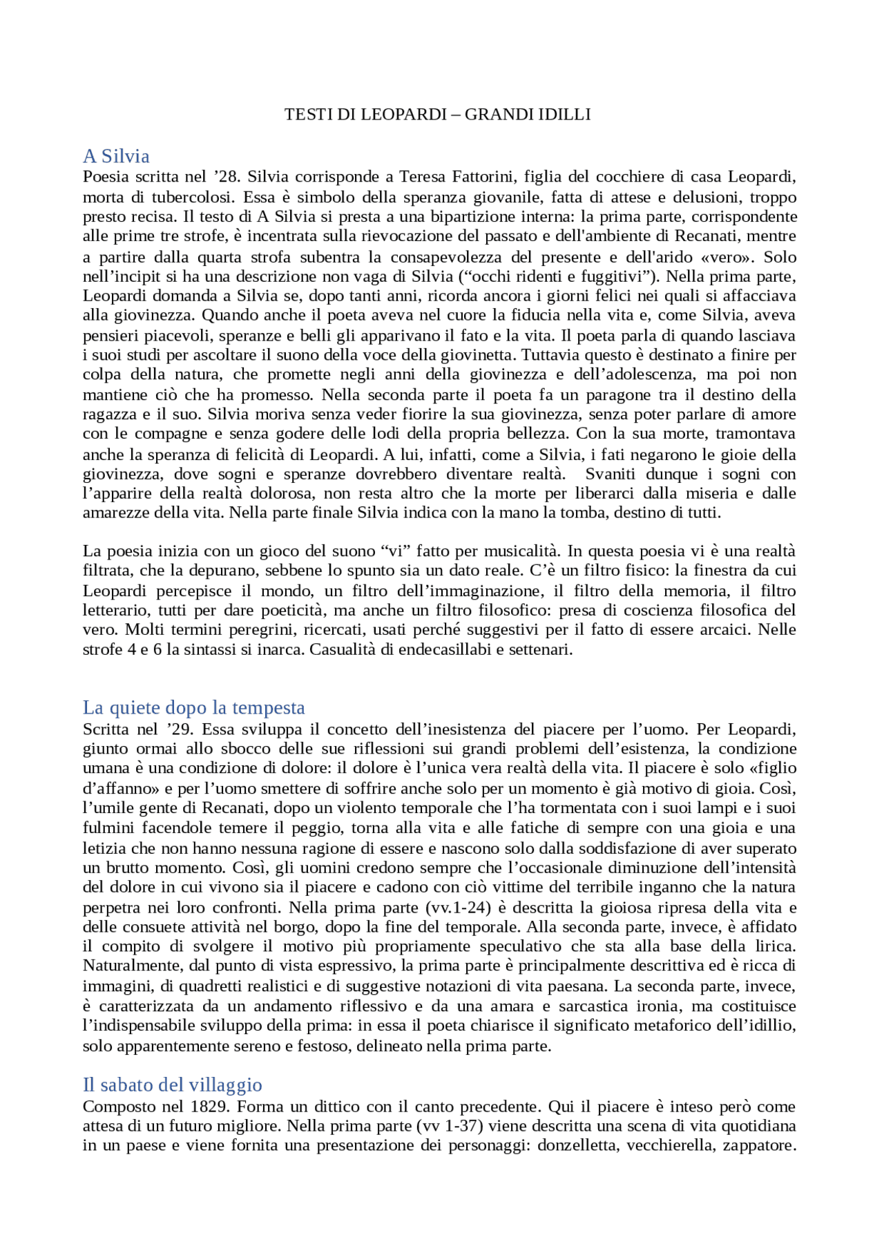 Riassunti Dei Testi Leopardi Dallo Zibaldone Piccoli E Grandi Idilli