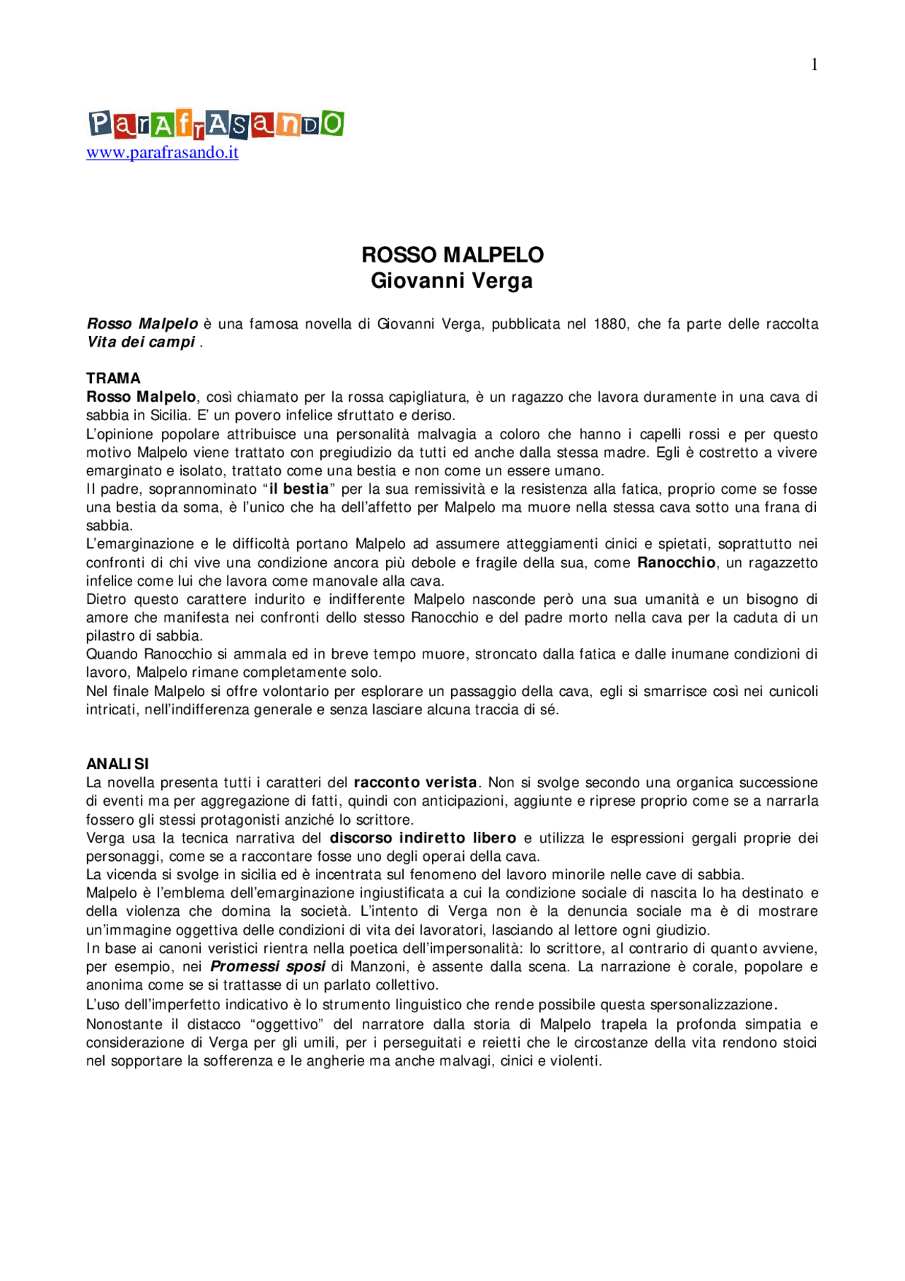 Rosso Malpelo Di Verga Docsity