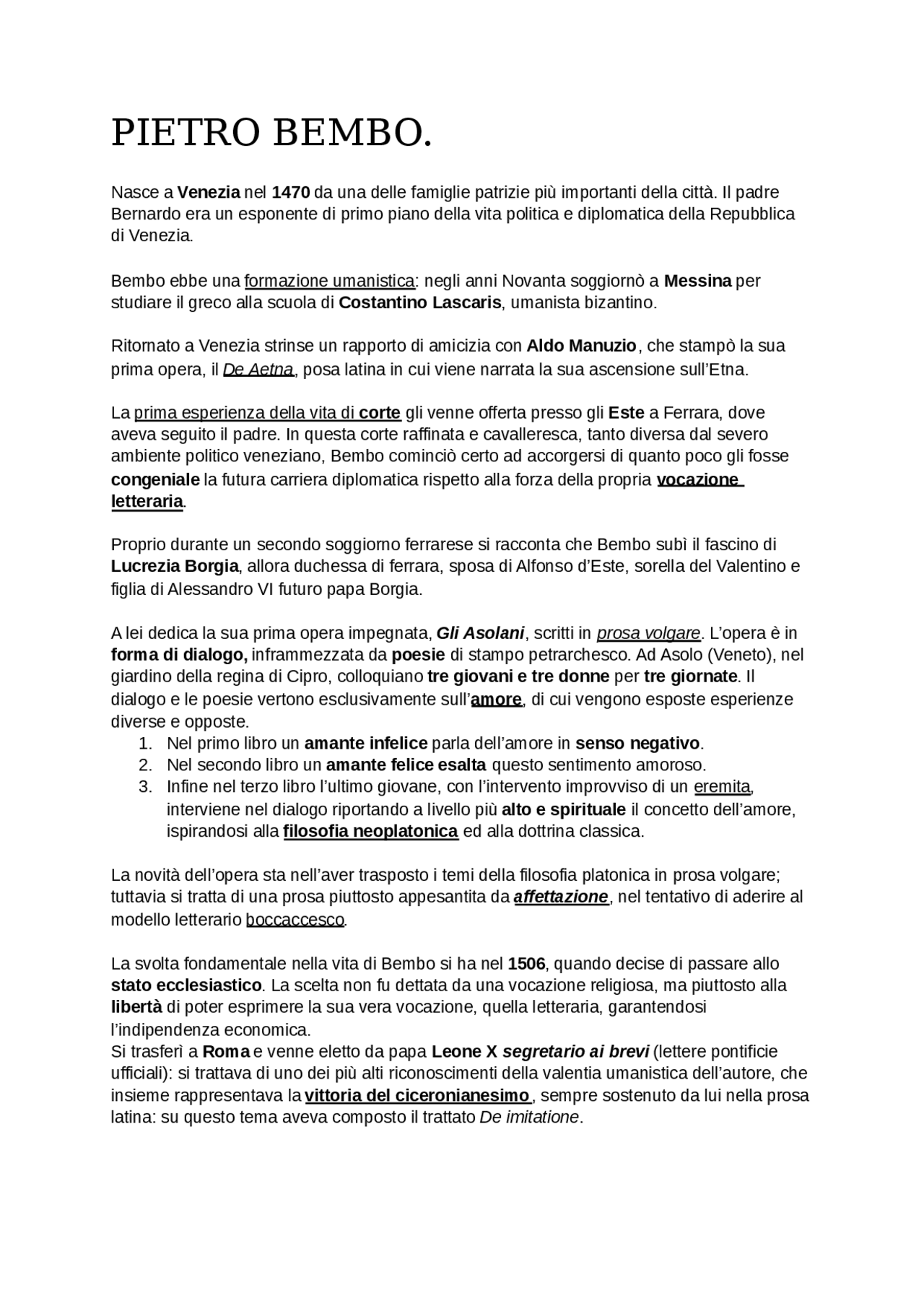 Pietro Bembo Vita E Opere Appunti Di Letteratura Italiana Docsity