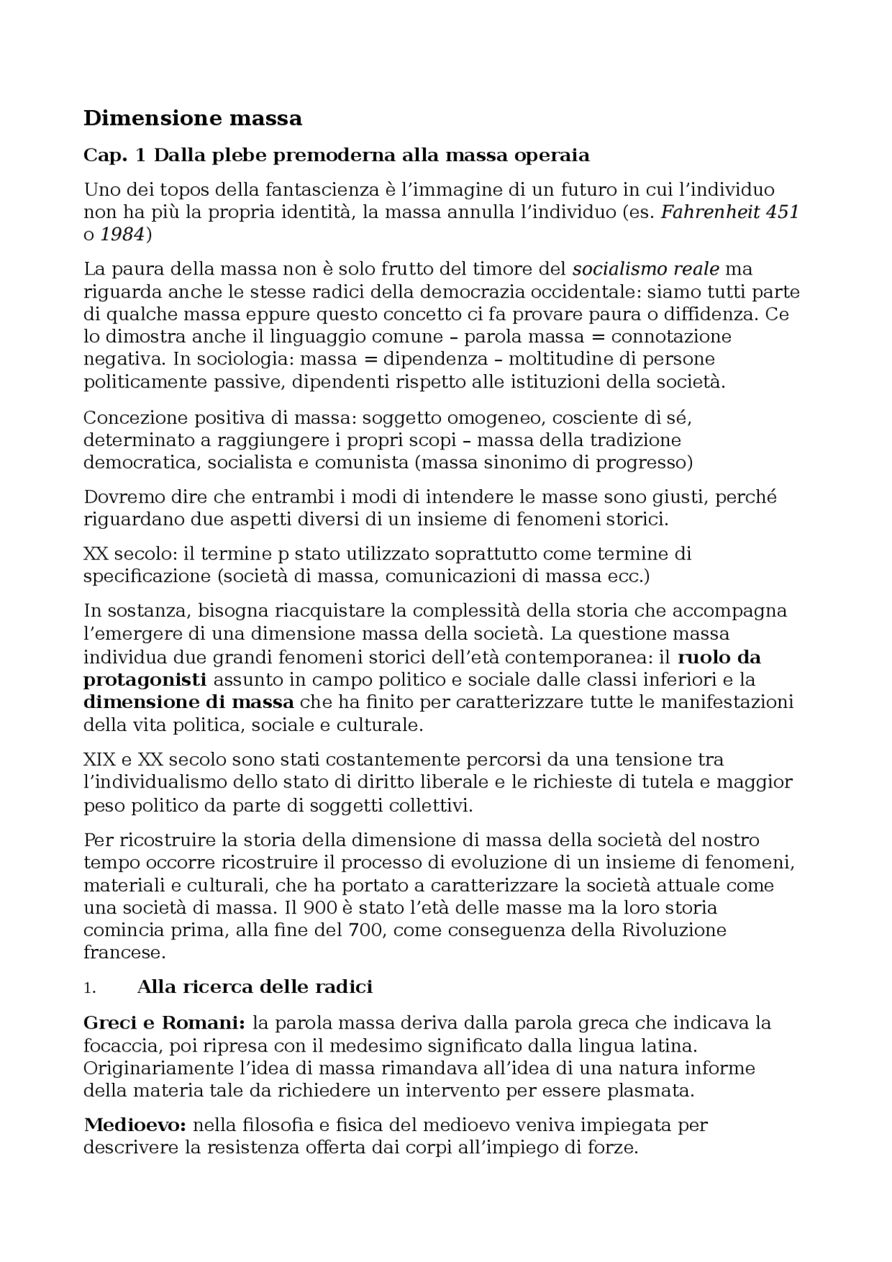 Riassunto Cavazza S Dimensione Massa 2004 Docsity