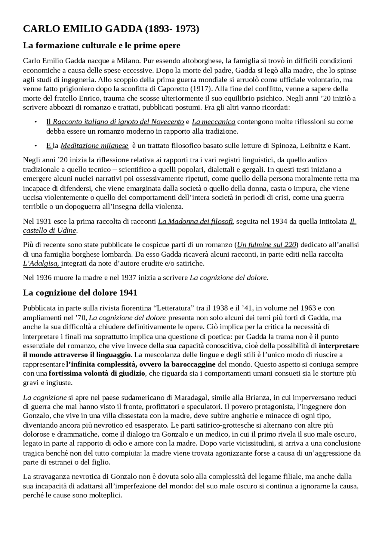 Carlo Emilio Gadda E La Critica Letteraria Al Suo Tempo Docsity