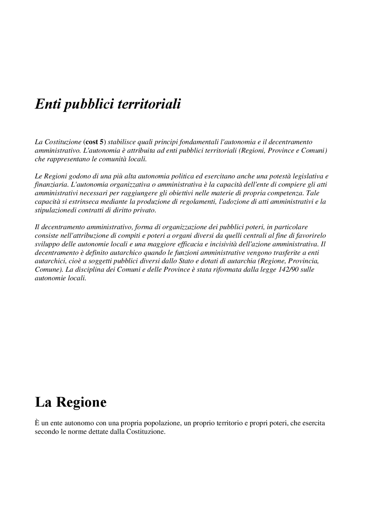 Gli Enti Pubblici Territoriali Docsity