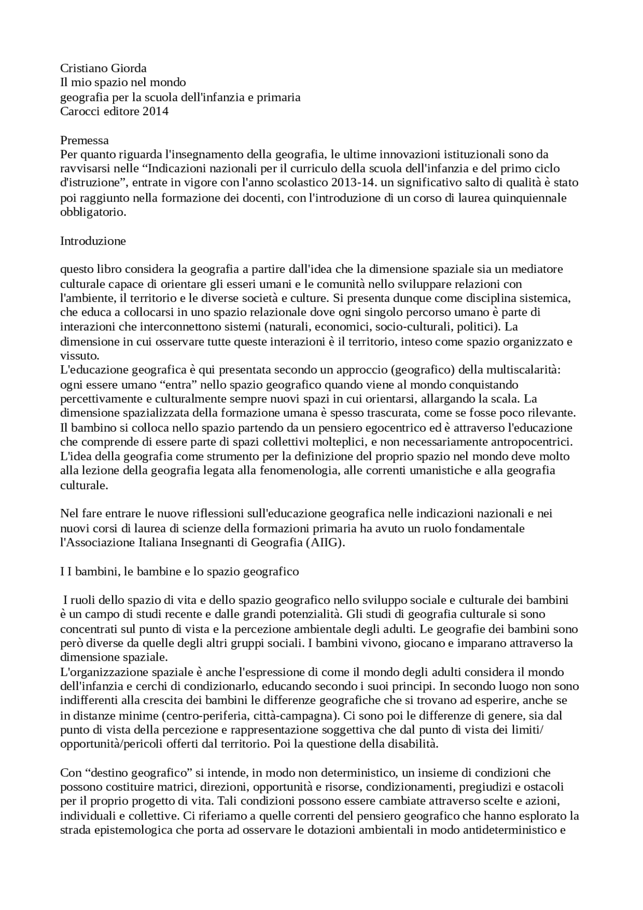 Giorda Il Mio Spazio Nel Mondo Docsity