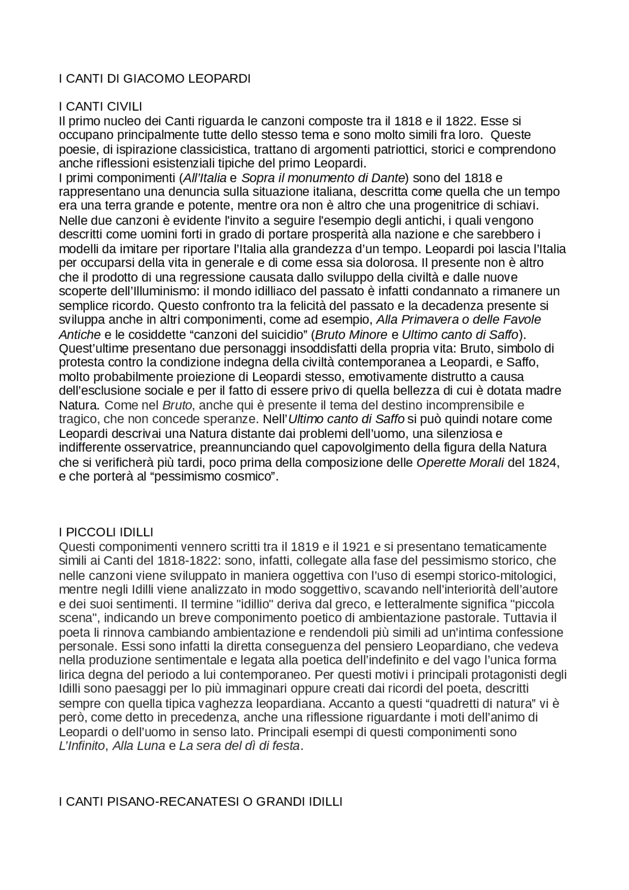 I Canti Di Giacomo Leopardi Docsity