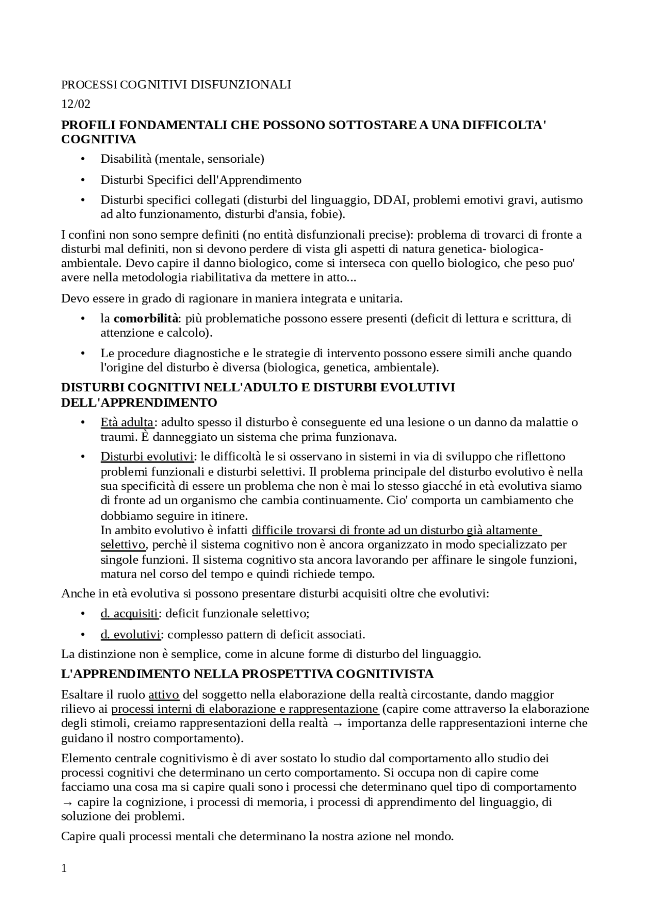 Processi cognitivi disfunzionali - Docsity