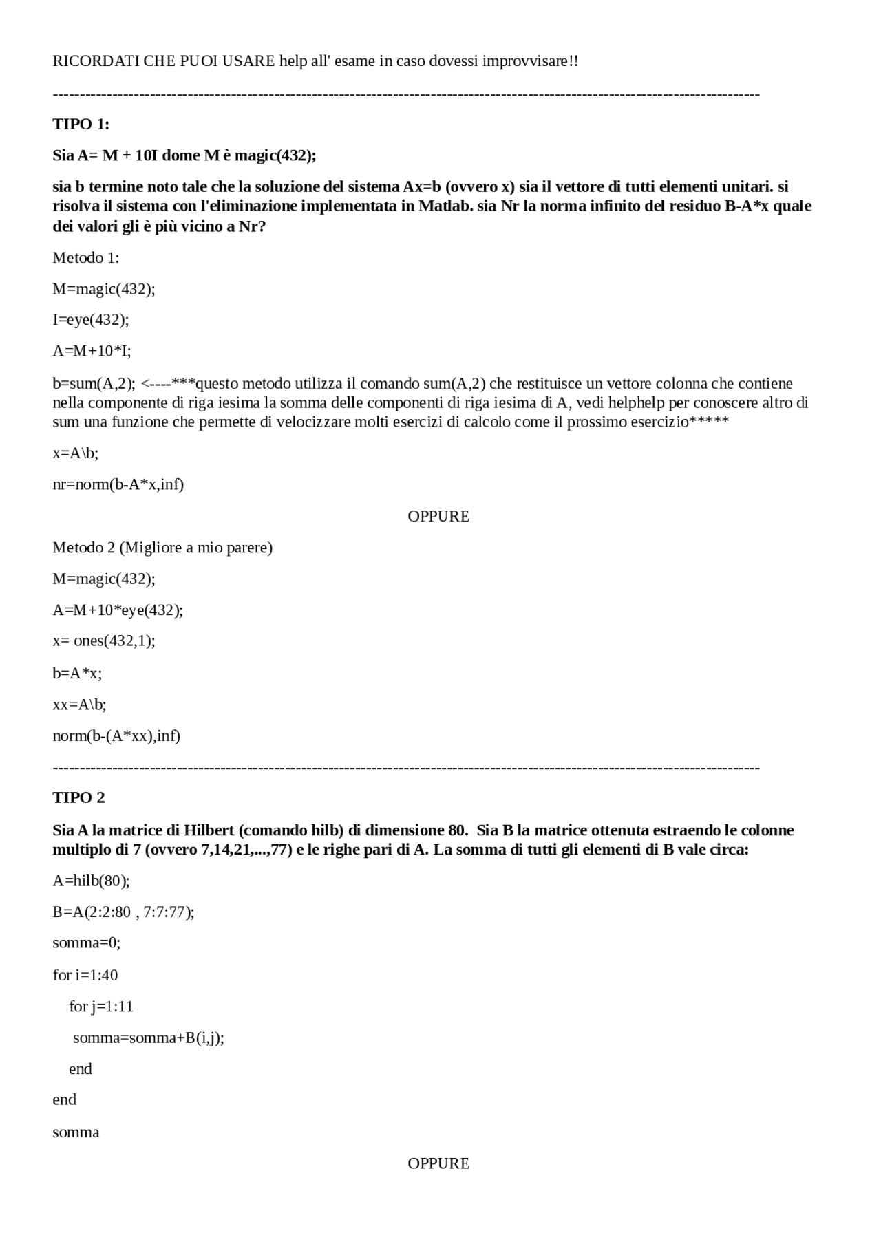 Varie Tipologie Esercizi Matlab Docsity