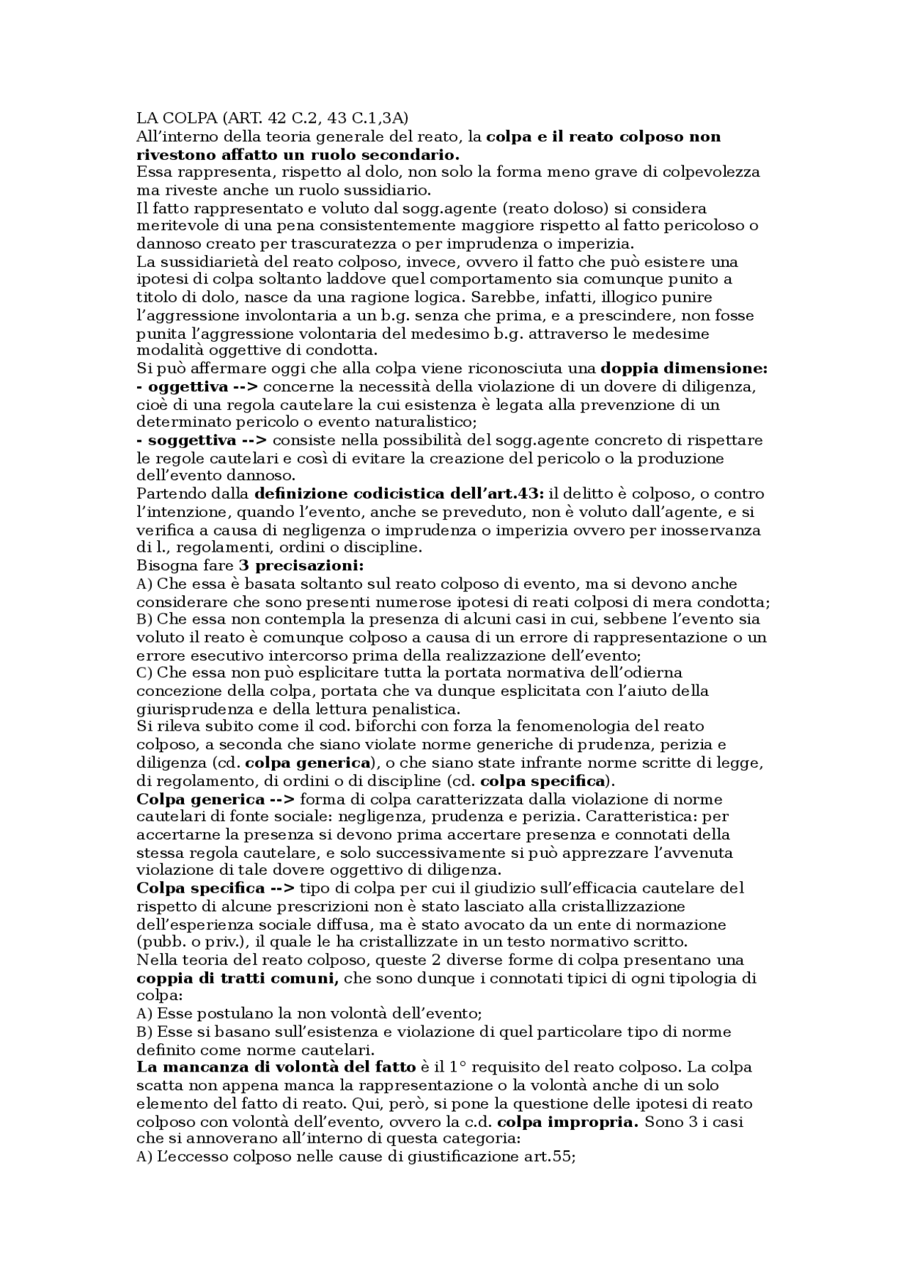 La Colpa Diritto Penale Docsity
