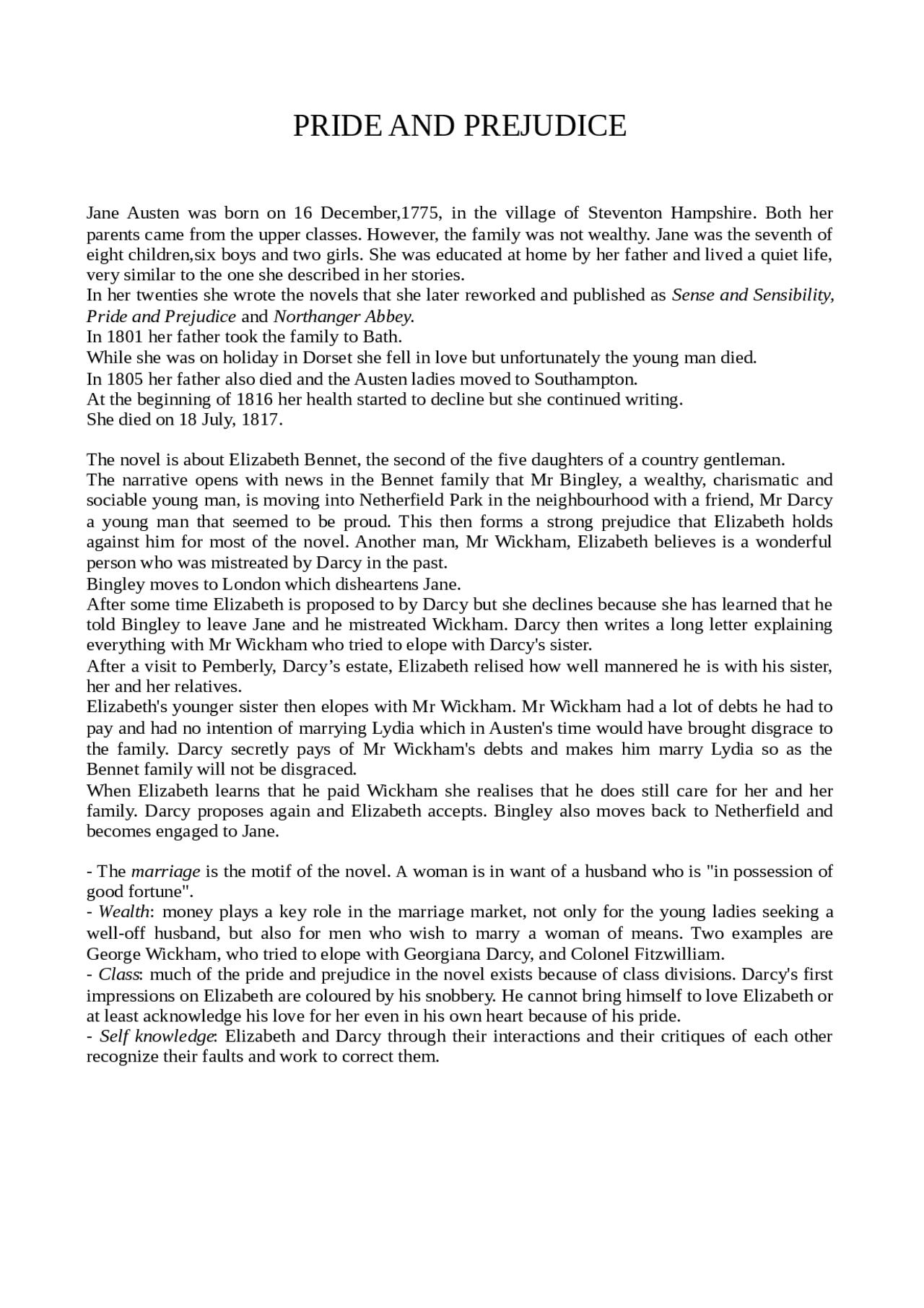 Pride and Prejudice - Jane Austen - Docsity