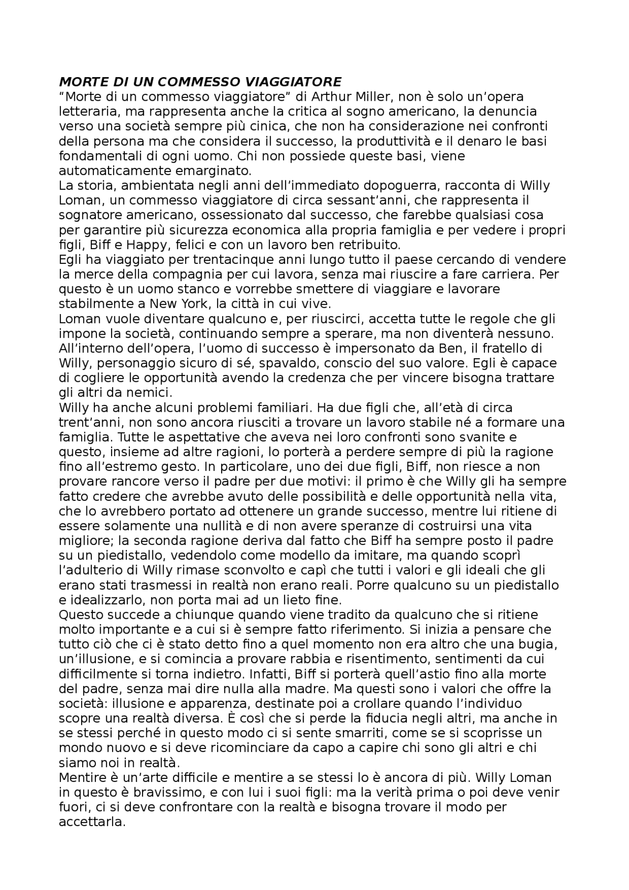 Morte di un commesso viaggiatore - analisi dell'opera - Docsity