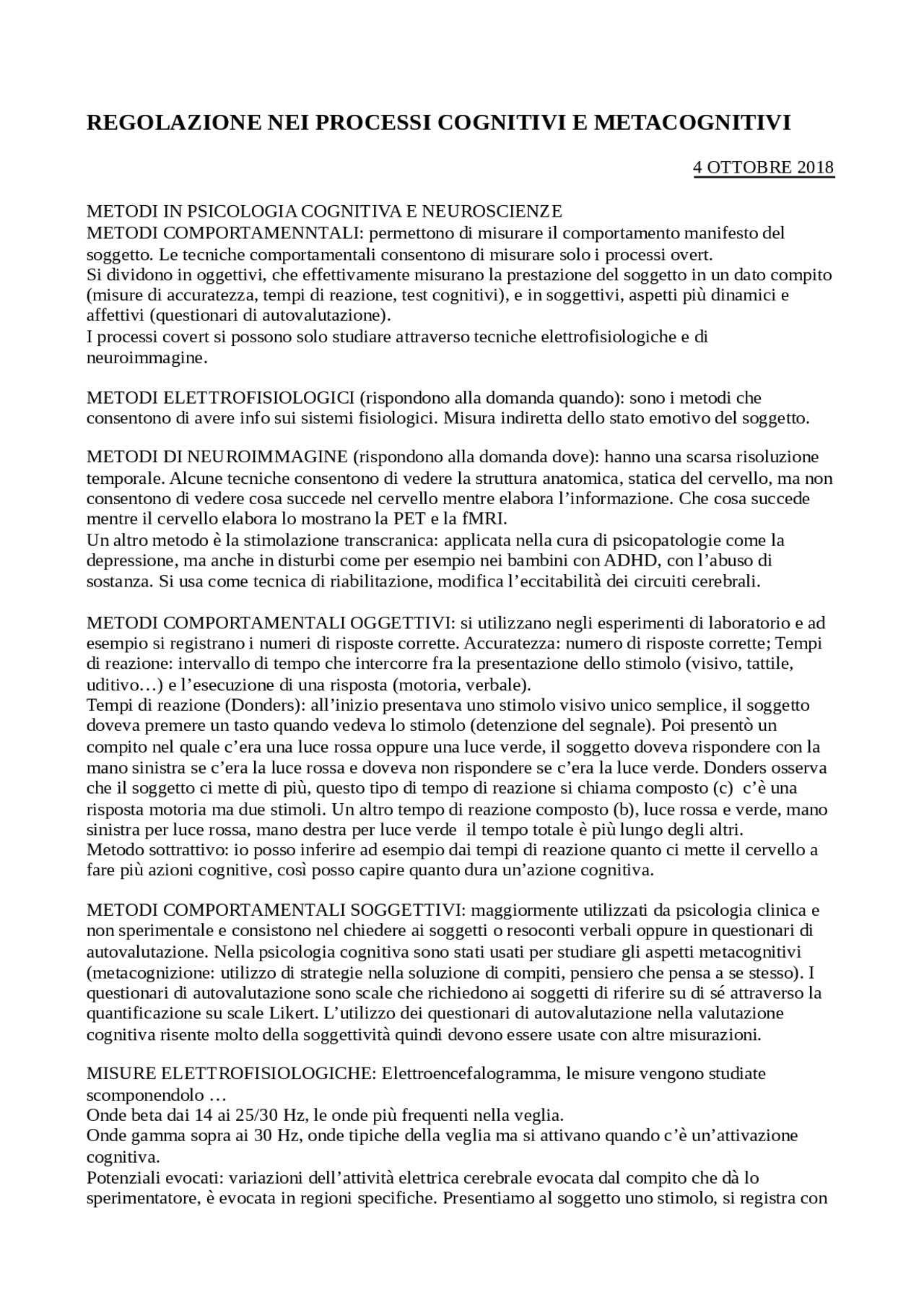 Regolazione Nei Processi Cognitivi E Metacognitivi Docsity