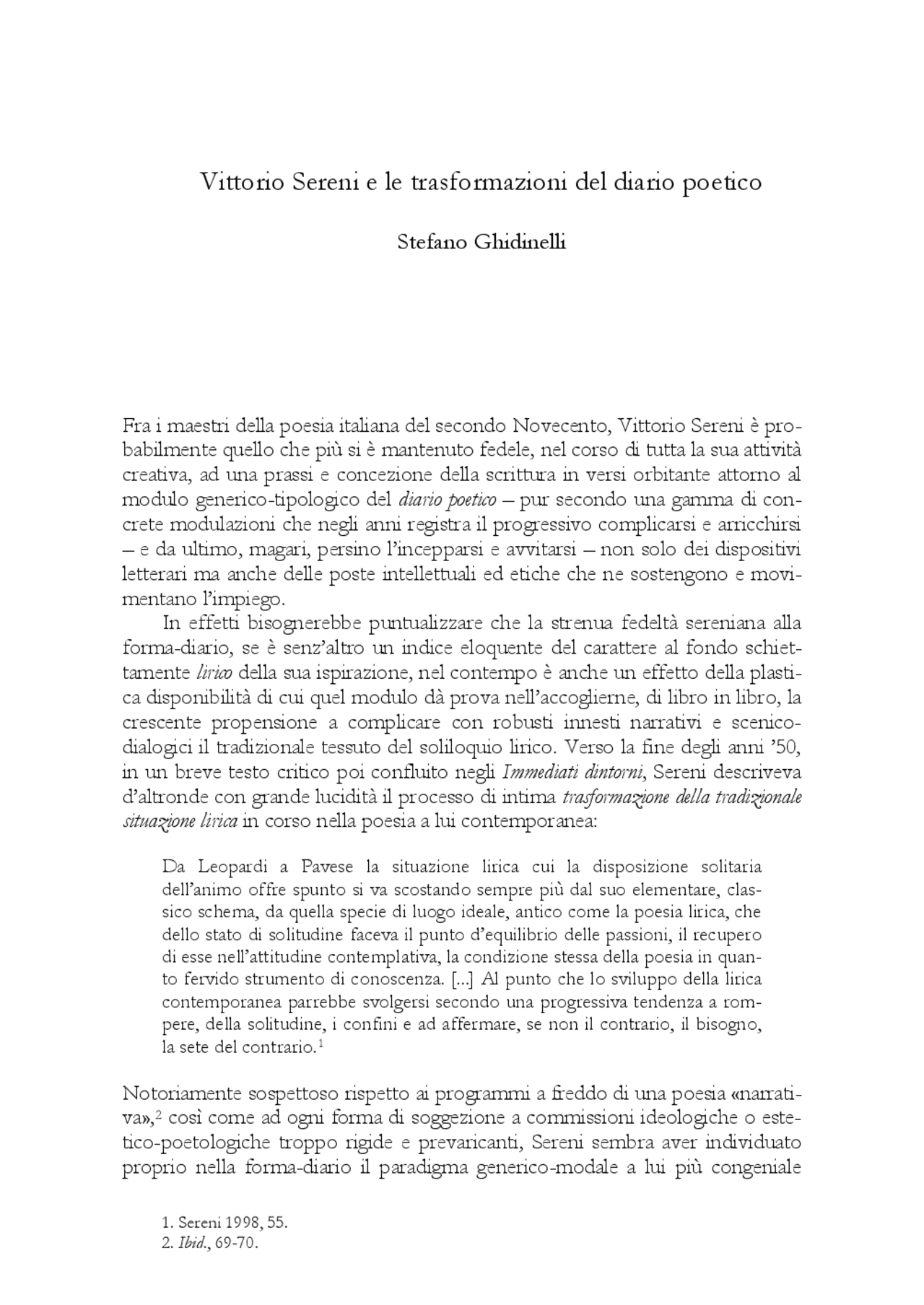 Saggio Su Vittorio Sereni Docsity