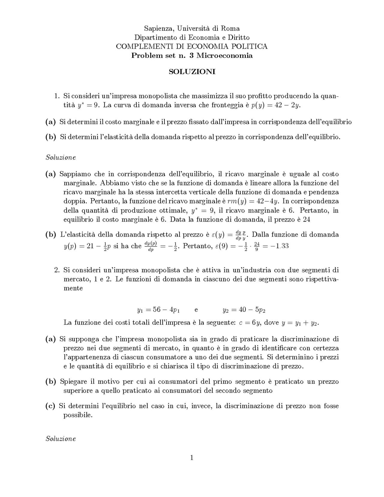 Soluzione Problem Set Microeconomia Parte 3 Docsity