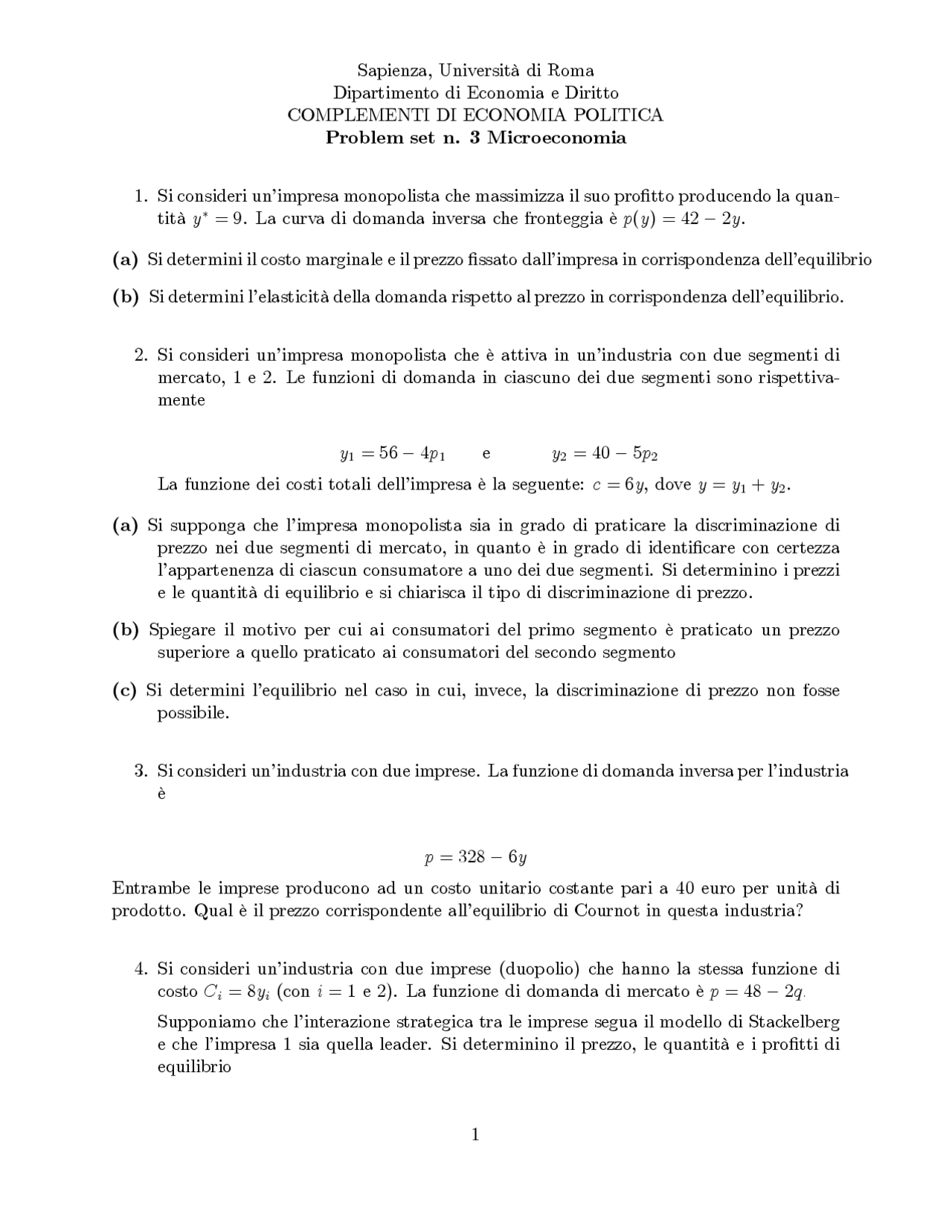 Esercizi Di Microeconomia Problem Set Parte 3 Docsity