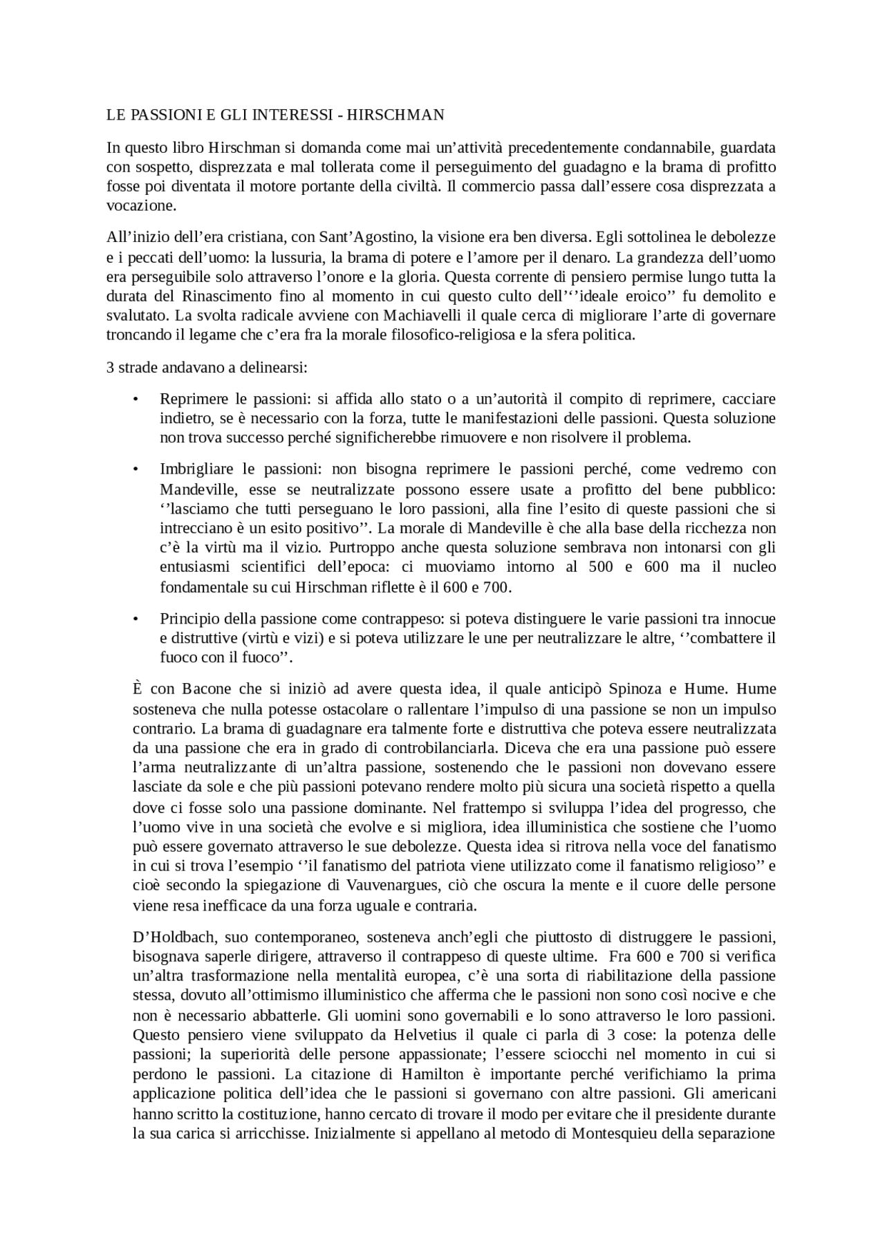 Le Passioni E Gli Interessi Hirschman Docsity