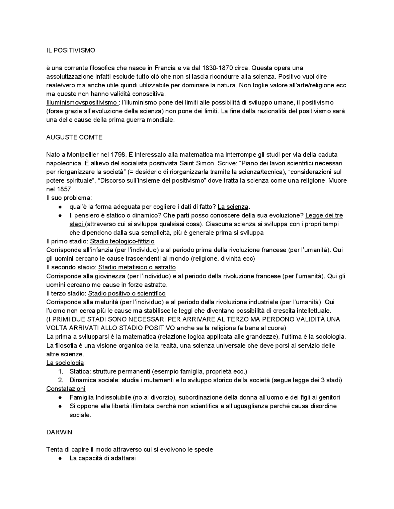 Riassunto Sul Positivismo Auguste Comte E Darwin Docsity