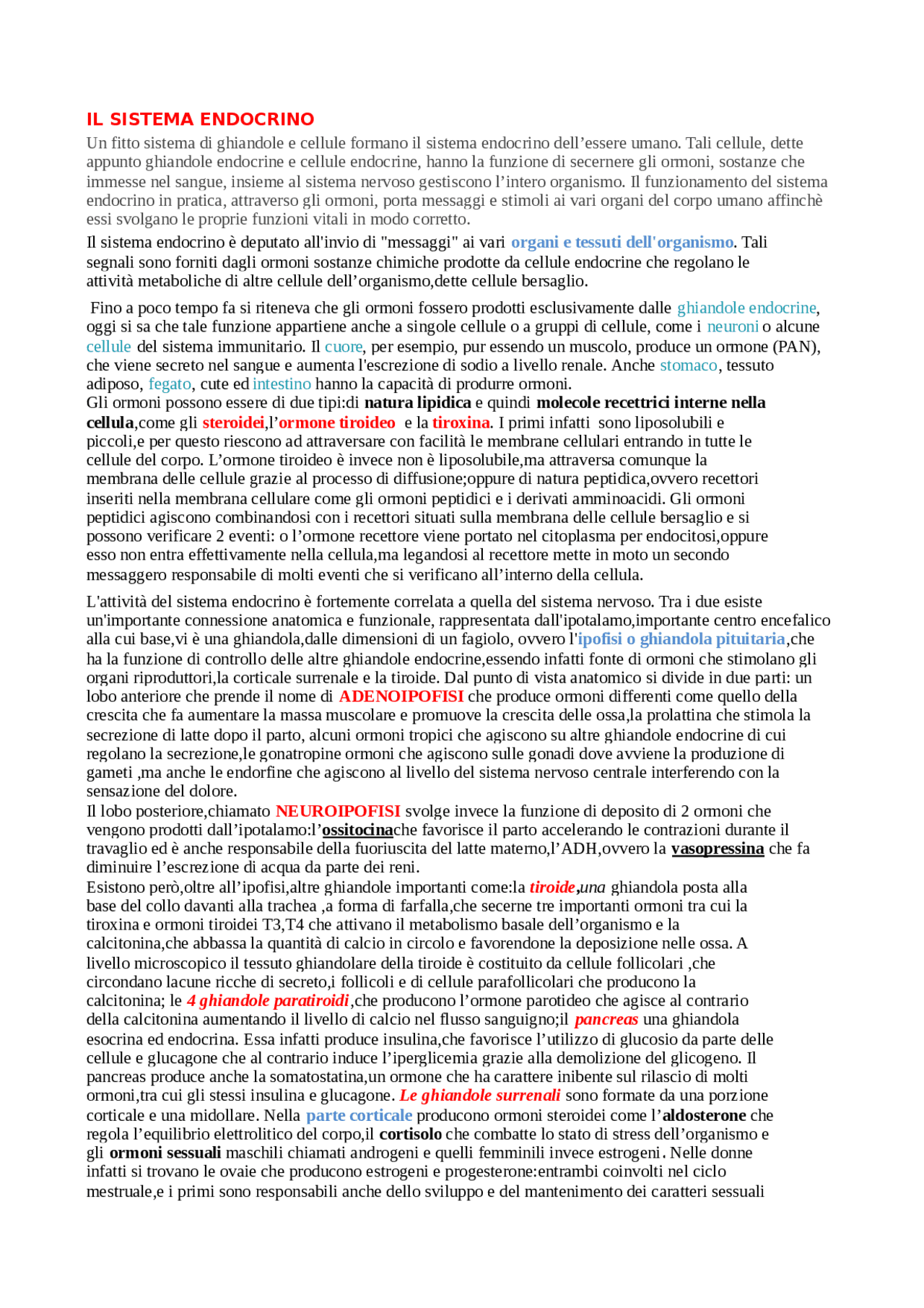 Il Sistema Endocrino Riassuno Docsity