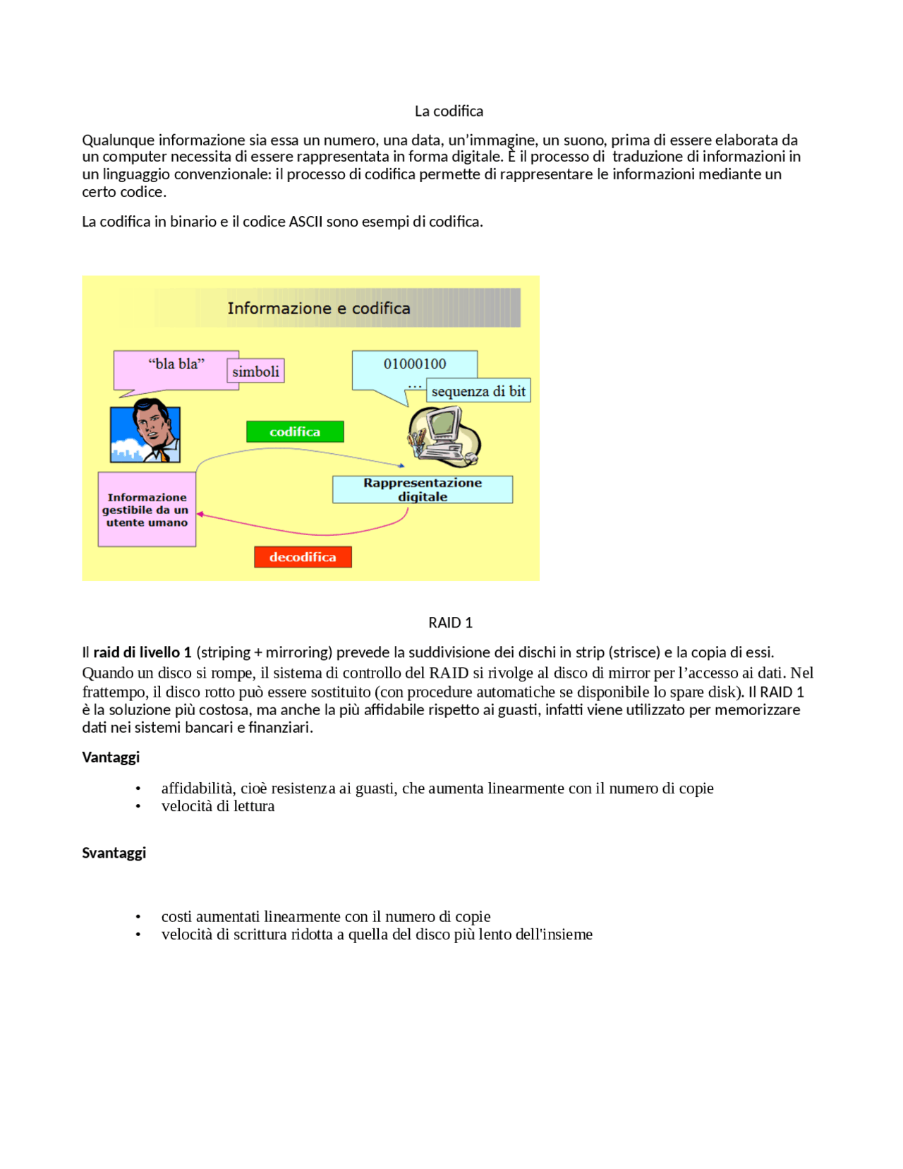 Spiegazione su che cos' è la codifica di un informazione e spiegazione del raid 1 - Docsity