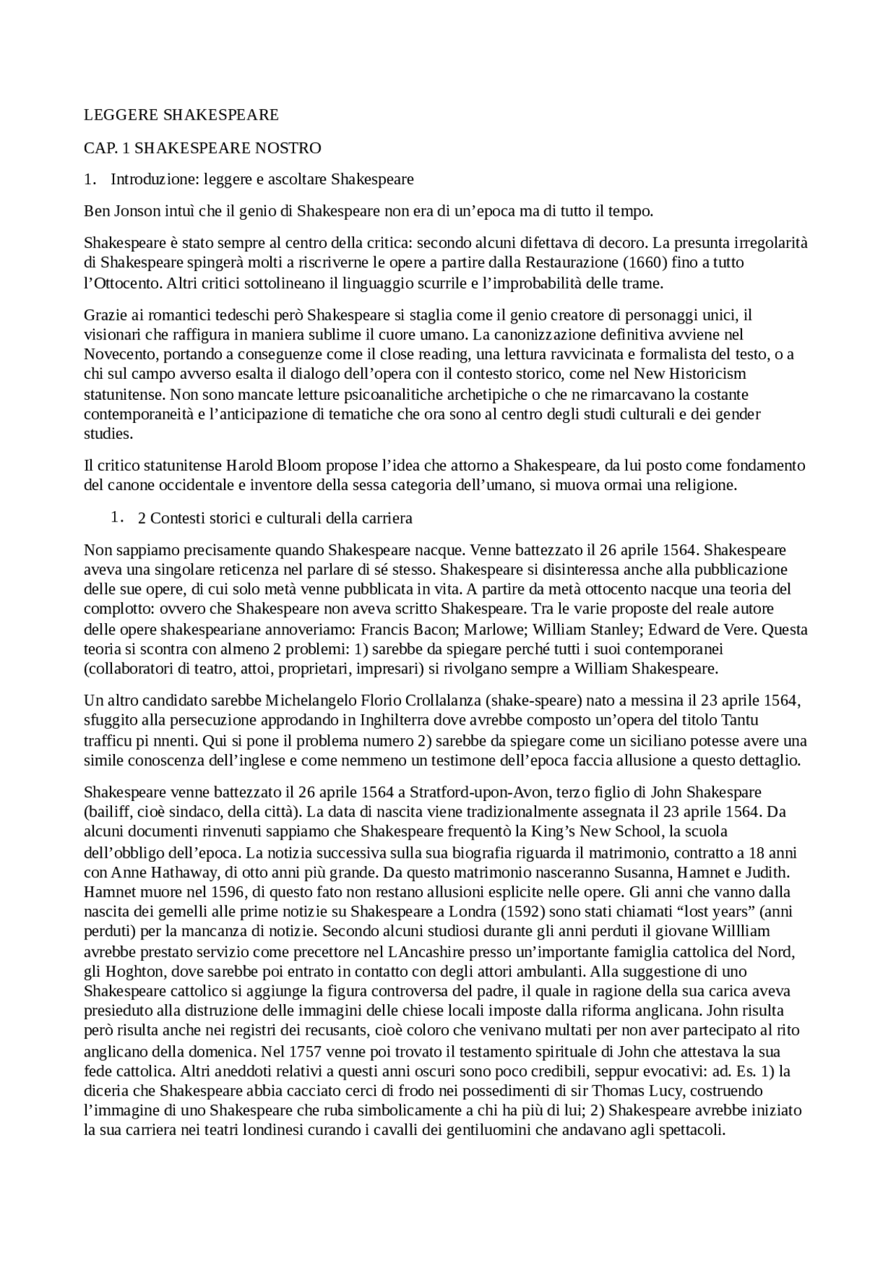 Riassunti Leggere Shakespeare Docsity