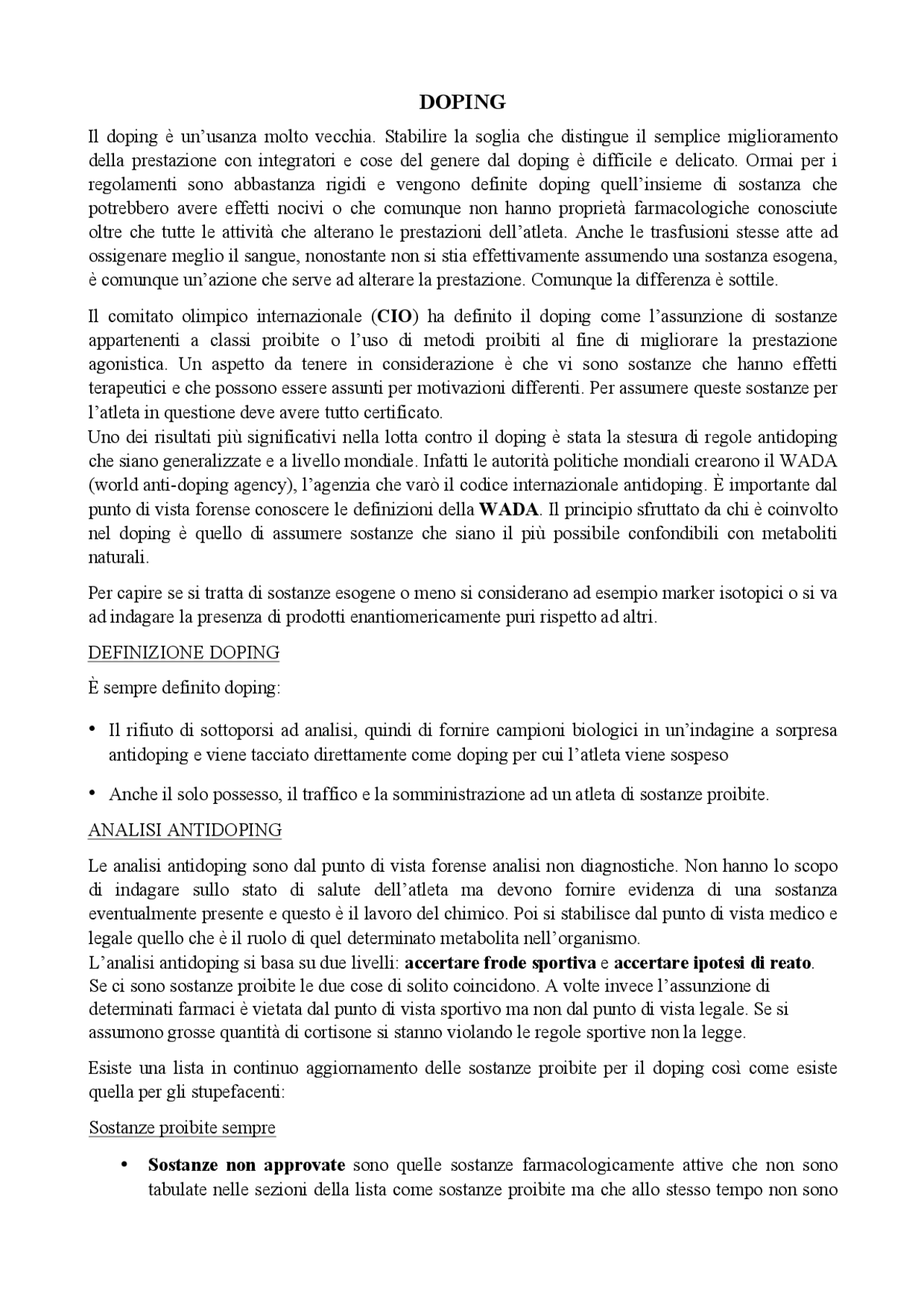 ANALISI DI TUTTE LE DROGHE CHE DANNO DOPING - Docsity