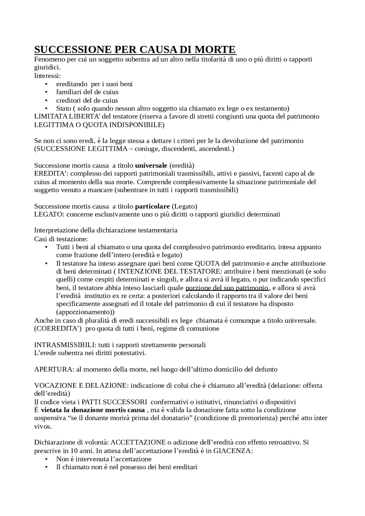 Successione Per Causa Di Morte Docsity