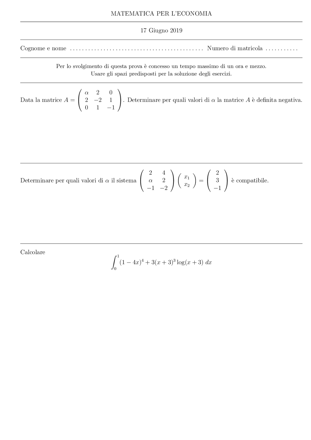 Compito matematica per l'economia - Docsity